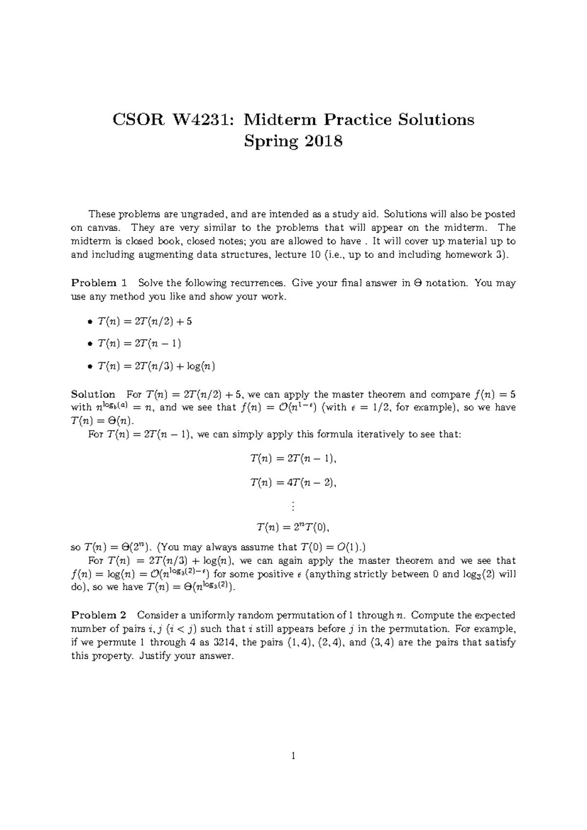 Mid Practice Solutions - CSOR W4231: Midterm Practice Solutions Spring 2018 These problems are ...