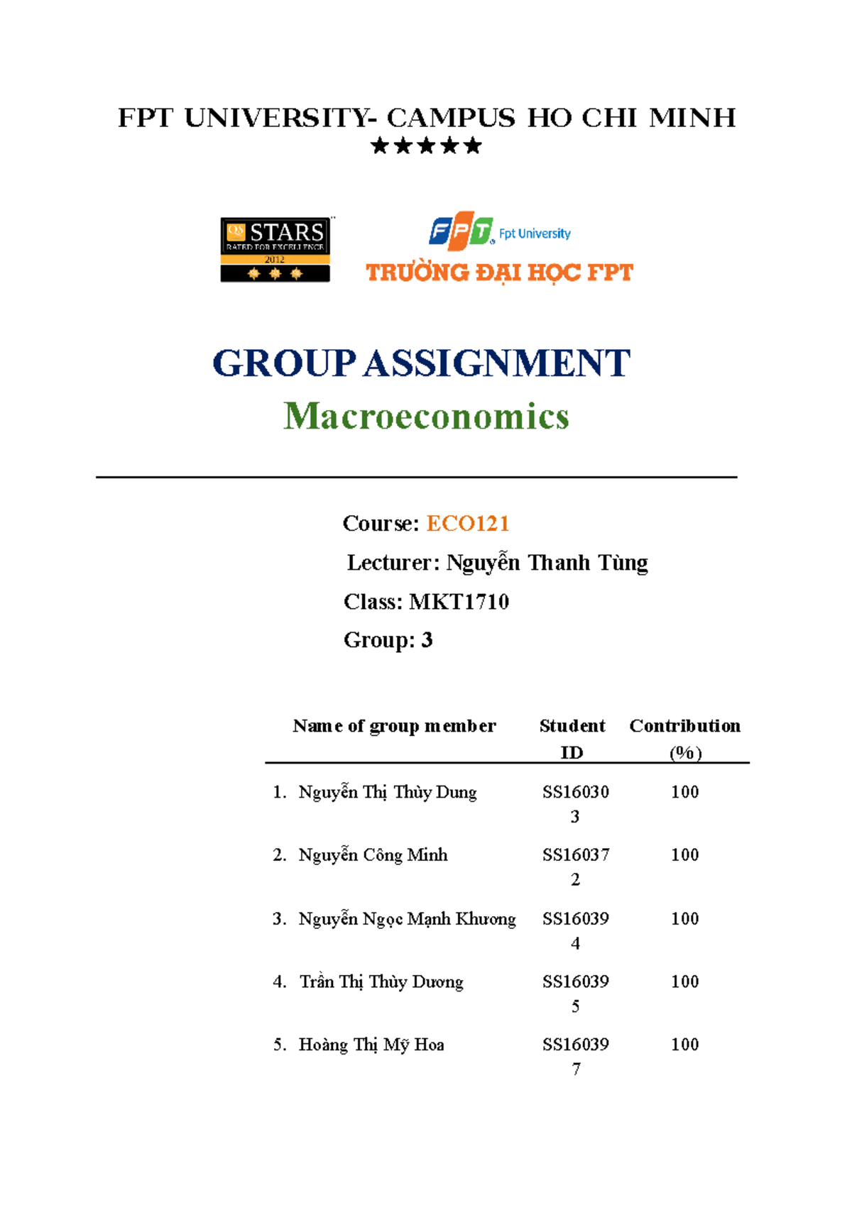 ASM Group ECO121 - FPT UNIVERSITY- CAMPUS HO CHI MINH GROUP ASSIGNMENT Macroeconomics Course ...