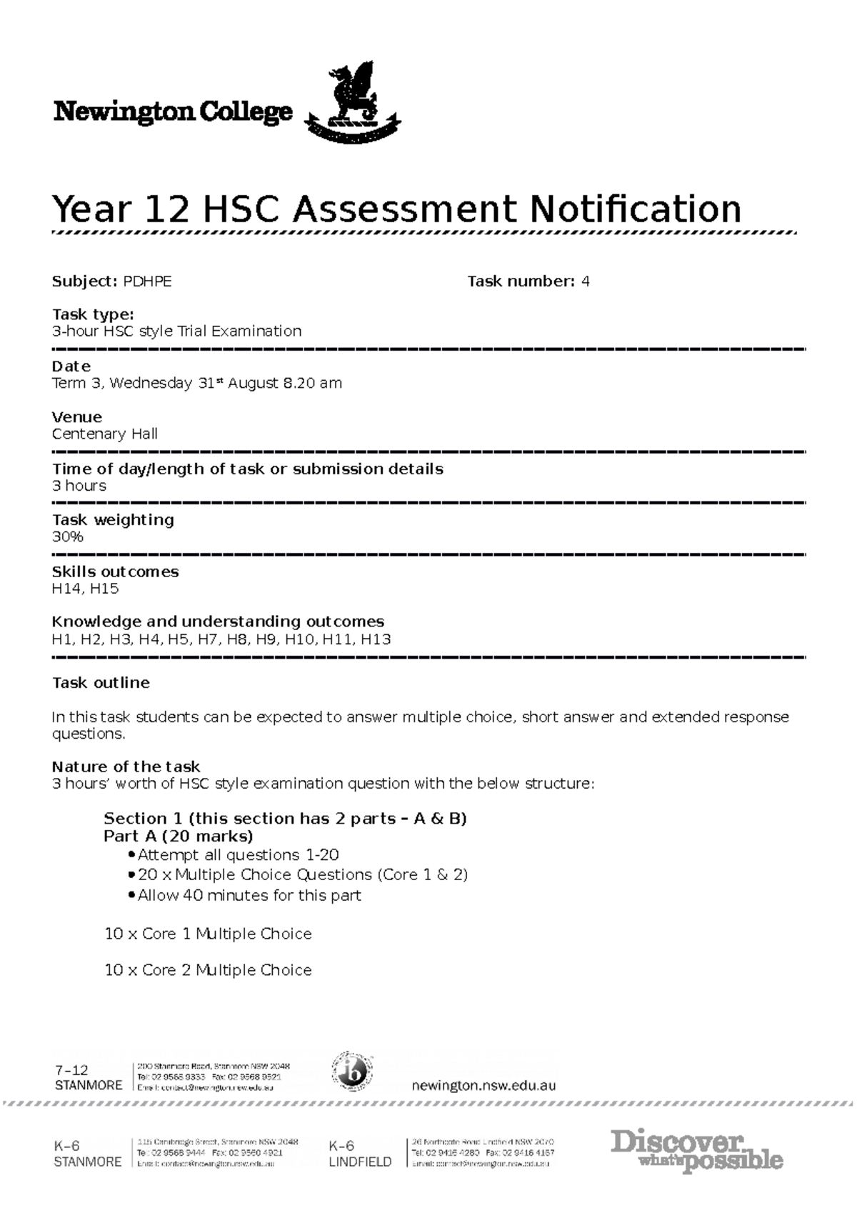 Pdhpe Trial 2022 Year 12 Hsc Assessment Notification Subject Pdhpe