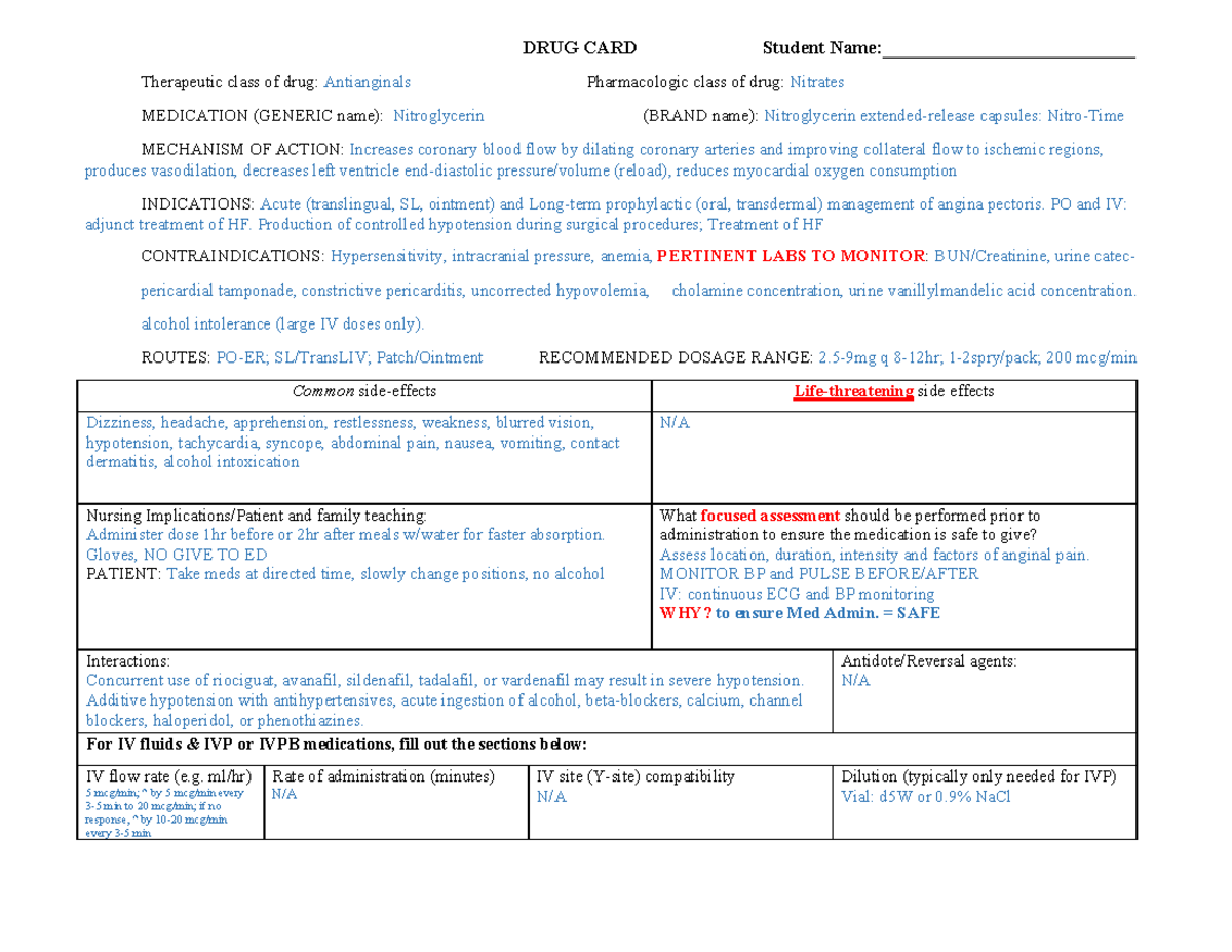 Nitroglycerin drug card - DRUG CARD Student Name ...