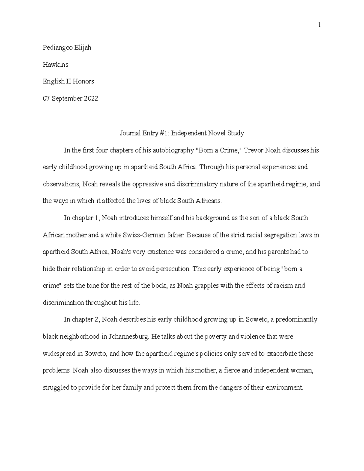 Journal Entry #1 Independent Novel Study - 1 Pediangco Elijah Hawkins ...
