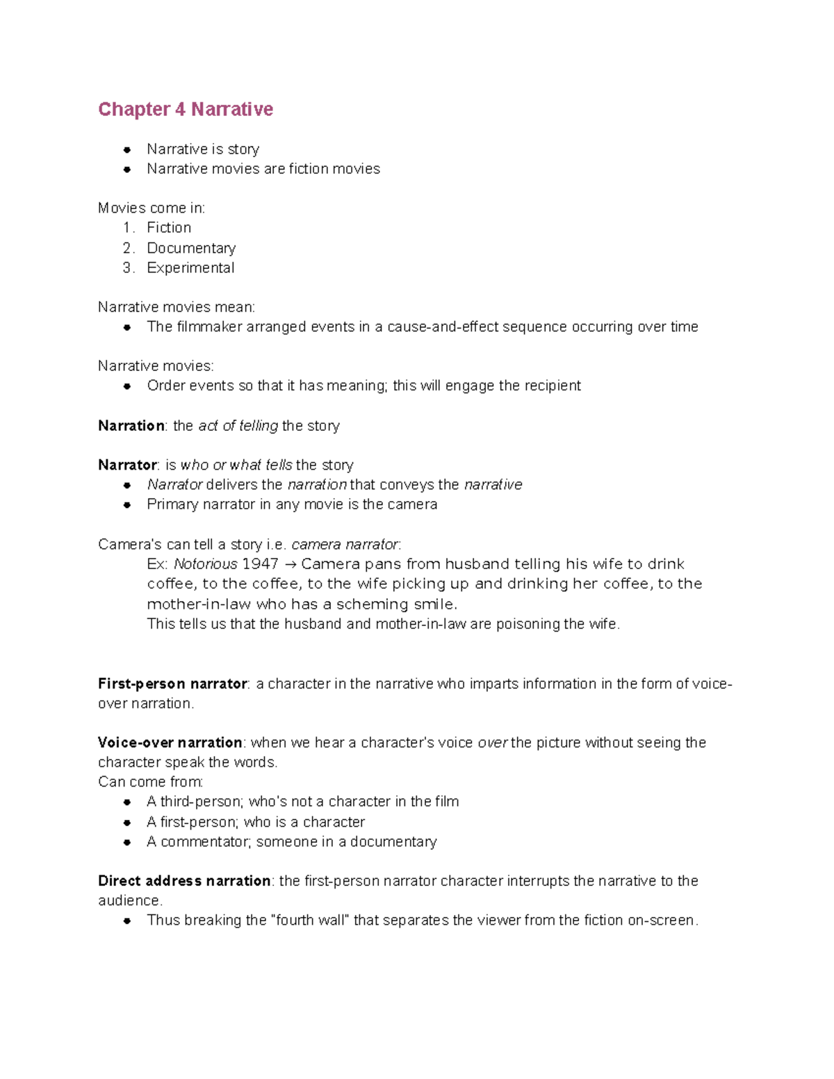 Intro to Cinema Chapter 4 Narrative - Chapter 4 Narrative Narrative is ...