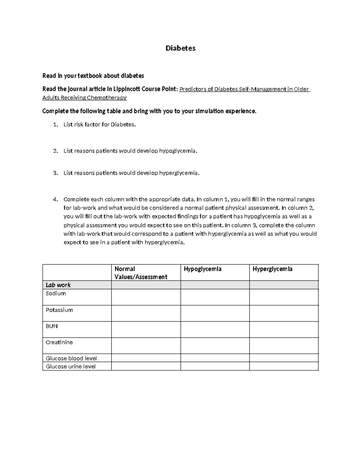Diabetes worksheet NURS 112SIm #2 - Tagged - Diabetes Read in your ...
