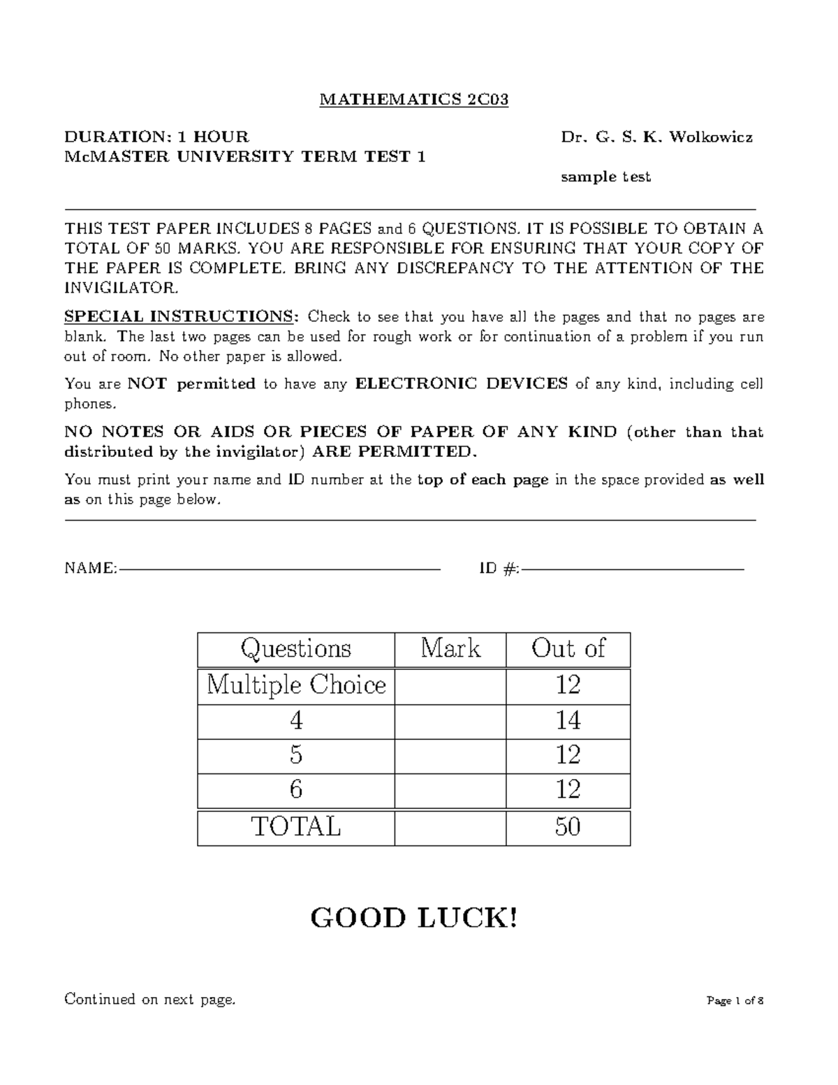 Sample test1 - . MATHEMATICS 2C DURATION: 1 HOUR Dr. G. S. K. Wolkowicz ...