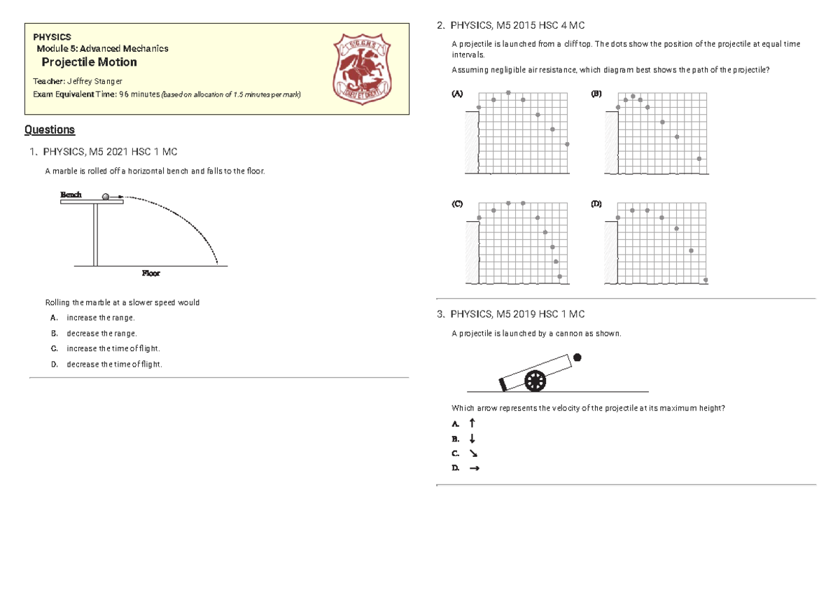 Module 5 Proj Motion Q - 1. PHYSICS, M5 2021 HSC 1 MC PHYSICS Module 5 ...