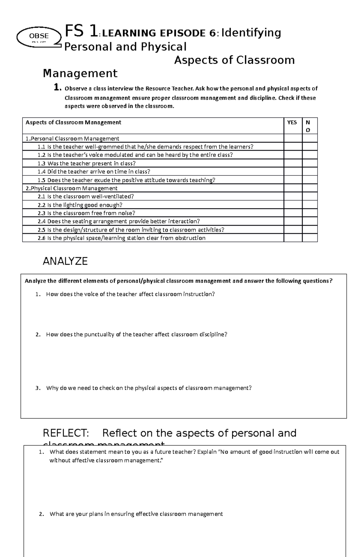 FS 1 Learning Episode 7 - none - FS 1: LEARNING EPISODE 6: Identifying ...