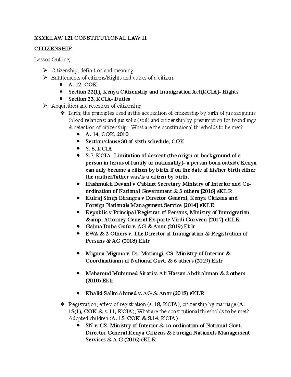 Citizenship Lecture - XSXKLAW 121 CONSTITUTIONAL LAW II CITIZENSHIP ...