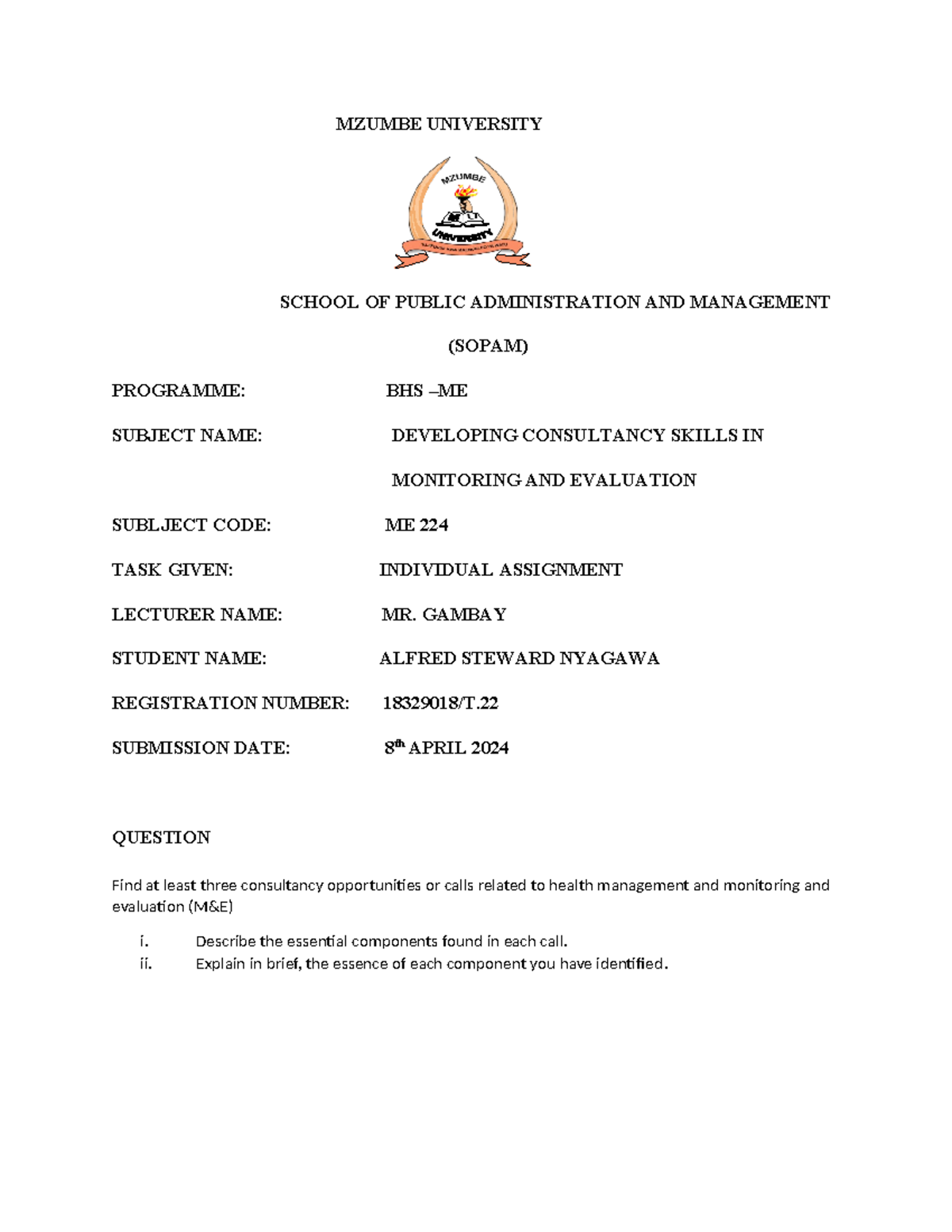 Consultancy assignment - MZUMBE UNIVERSITY SCHOOL OF PUBLIC ...