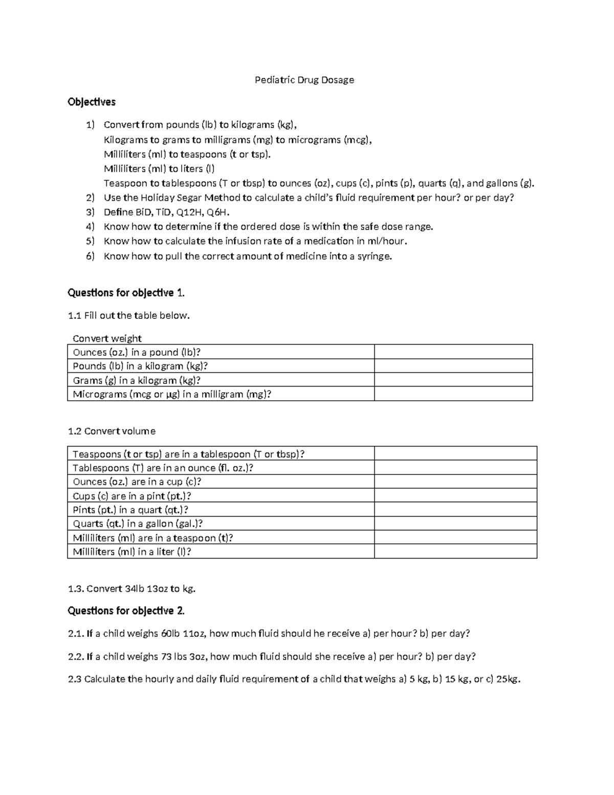 Pediatric Drug Dosage worksheet-1 - Pediatric Drug Dosage Objectives 1 ...