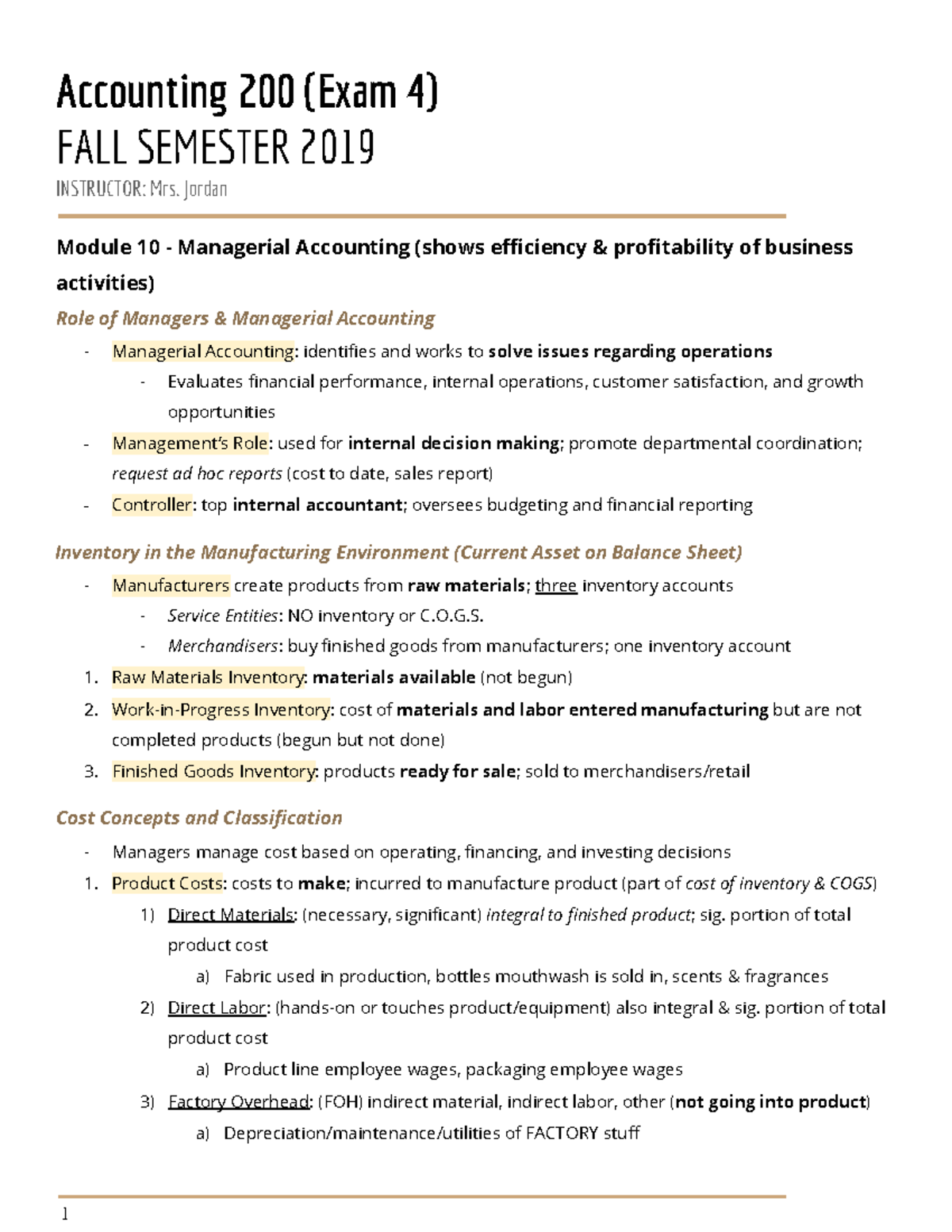 Accounting Exam 4 Review - Accounting 200 (Exam 4) FALL SEMESTER 2019 ...