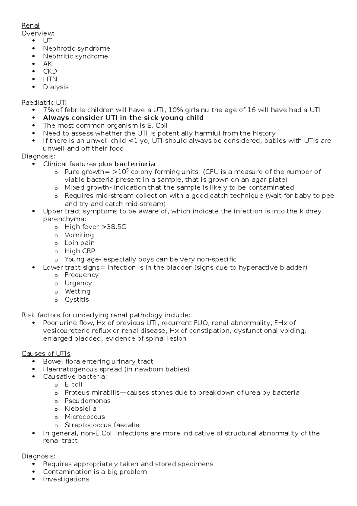 Renal - Lecture notes 1 - Renal Overview: UTI Nephrotic syndrome ...