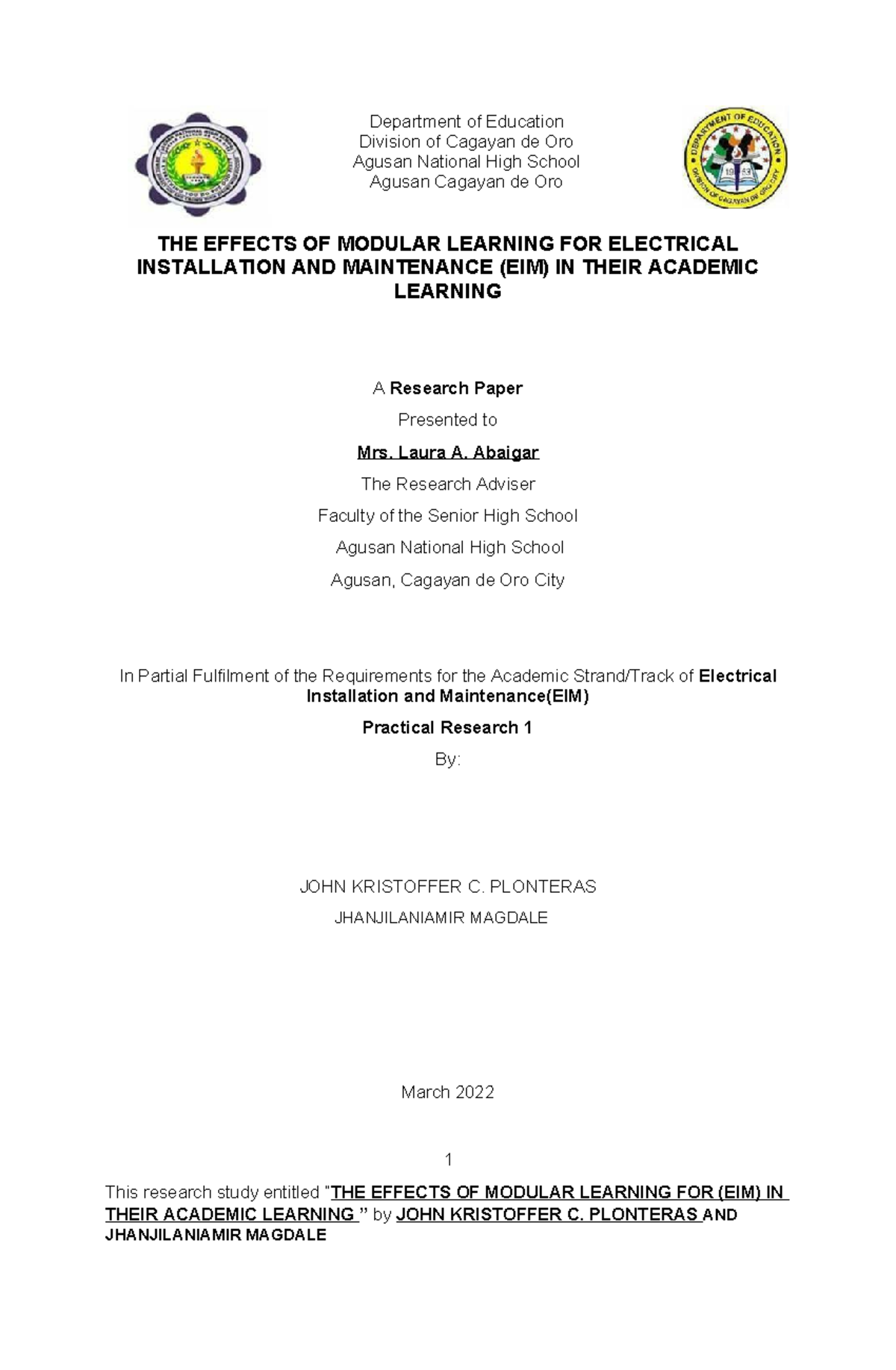 Researchproject 2022 - THE EFFECTS OF MODULAR LEARNING FOR ELECTRICAL ...