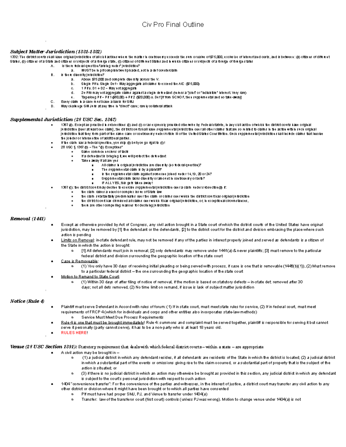 Final Outline - Civ Pro Final Outline Subject Matter Jurisdiction (1331 ...