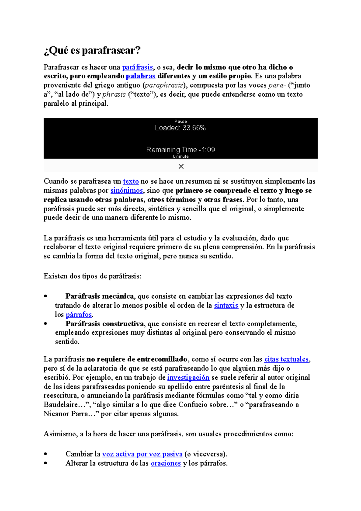 Español - tarea 1 - ¿Qué es parafrasear? Parafrasear es hacer una ...