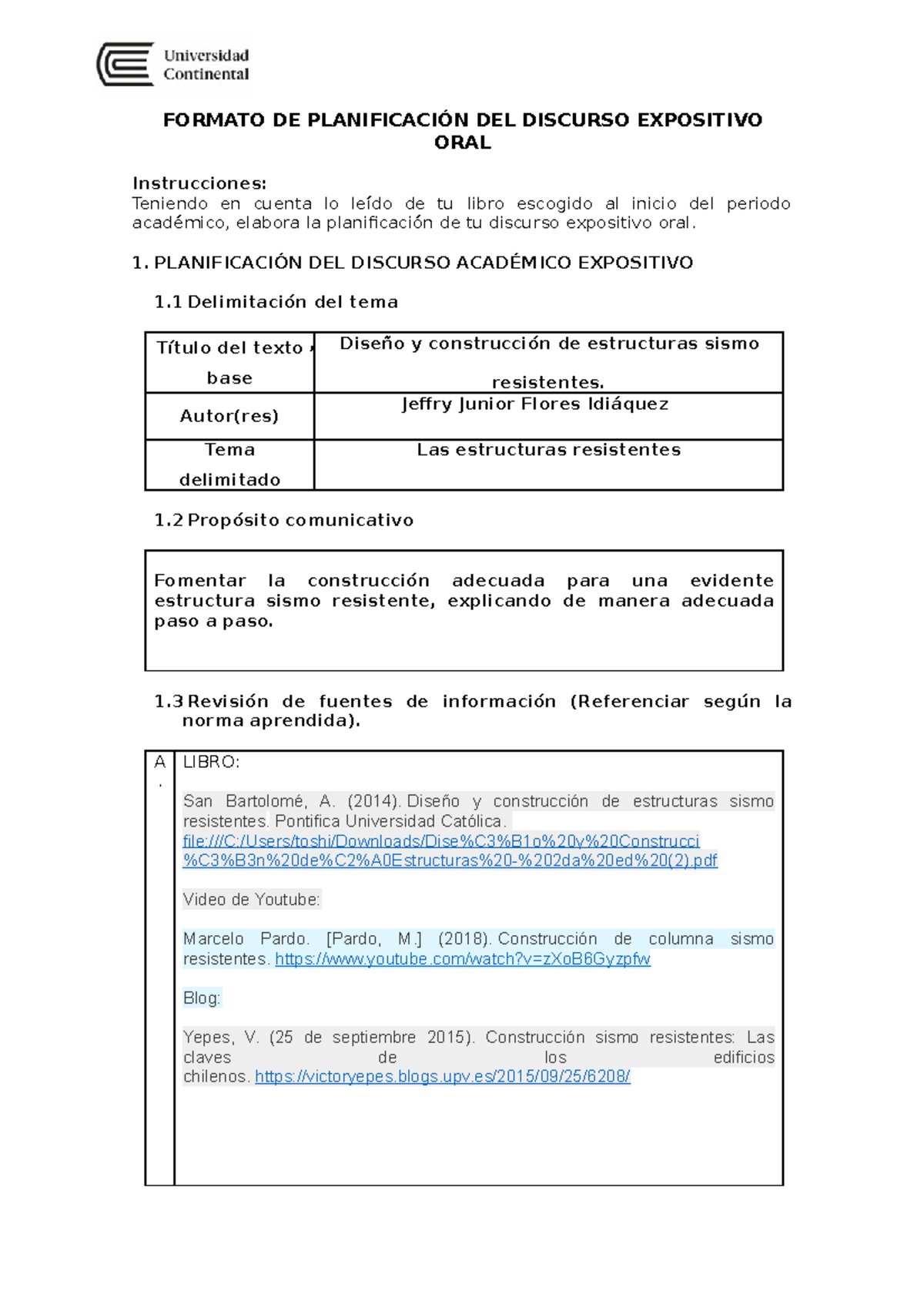 Formato DE Planificación DEL Discurso Expositivo ORAL (2) - FORMATO DE ...