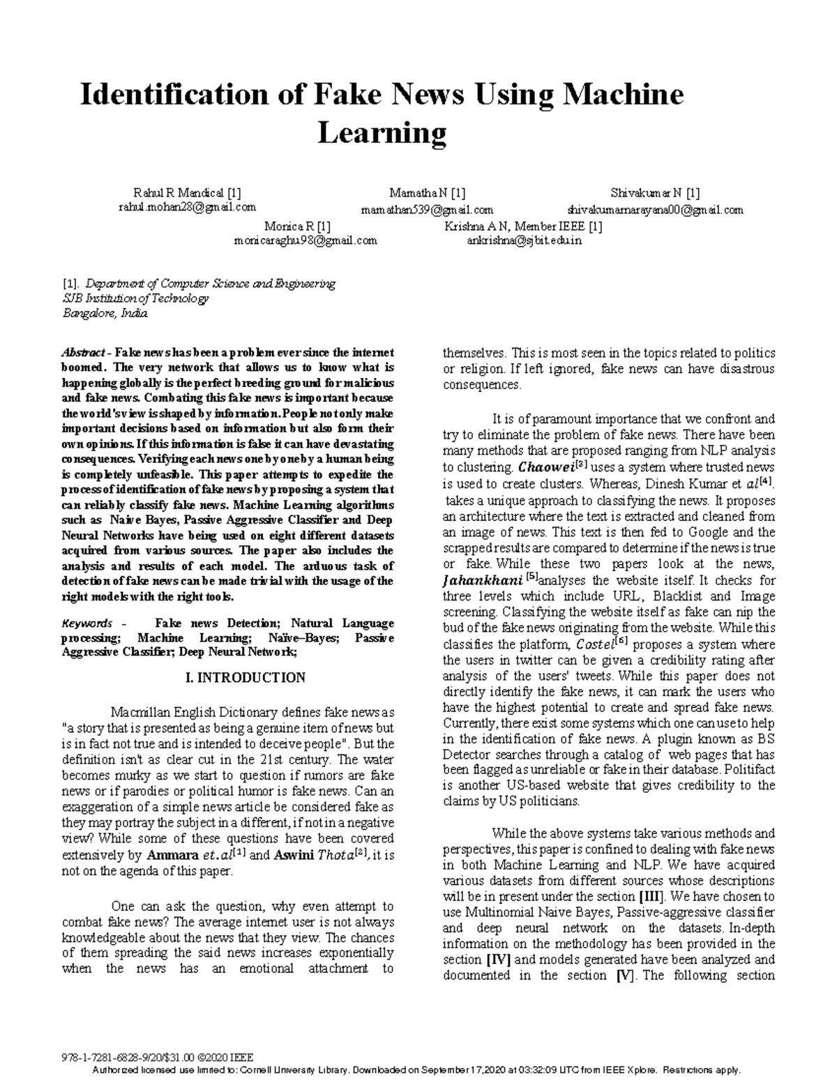 Passive Aggressive Classifier for Fake news - 978-1-7281-6828-9/20/$31 ...