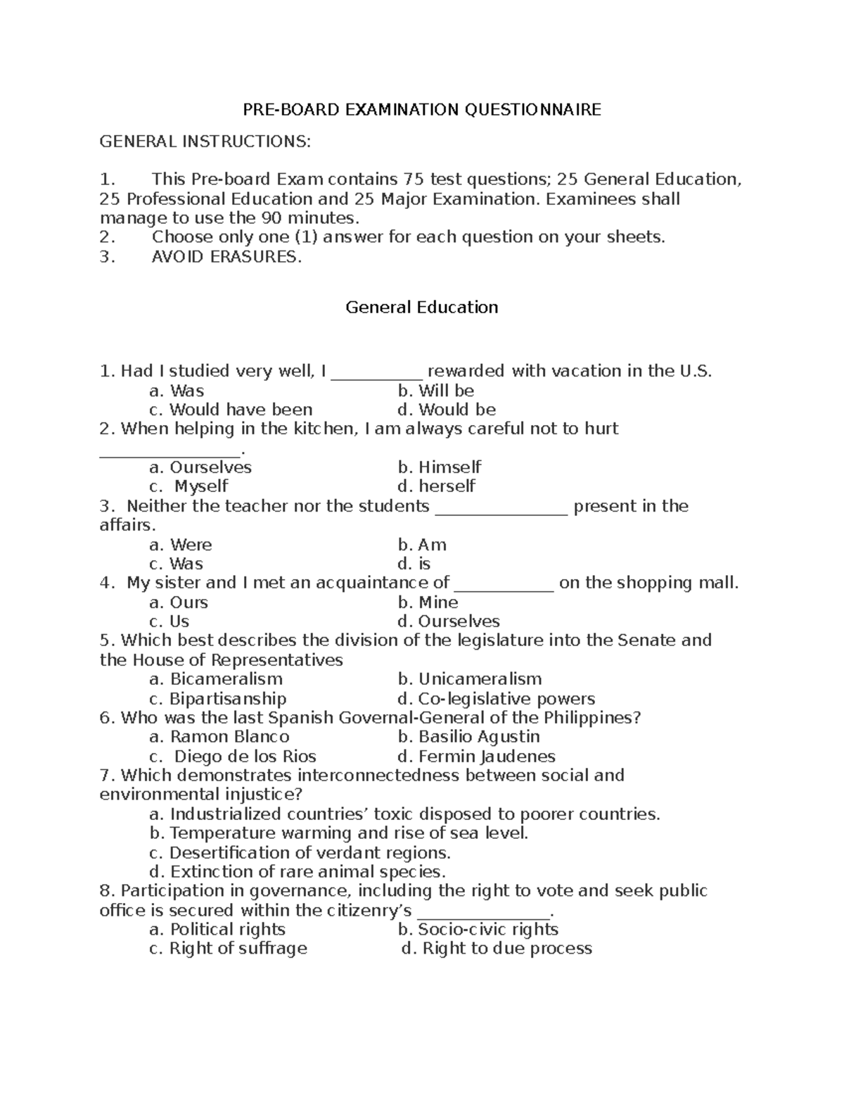 Pre-board-questionaires - PRE-BOARD EXAMINATION QUESTIONNAIRE GENERAL ...