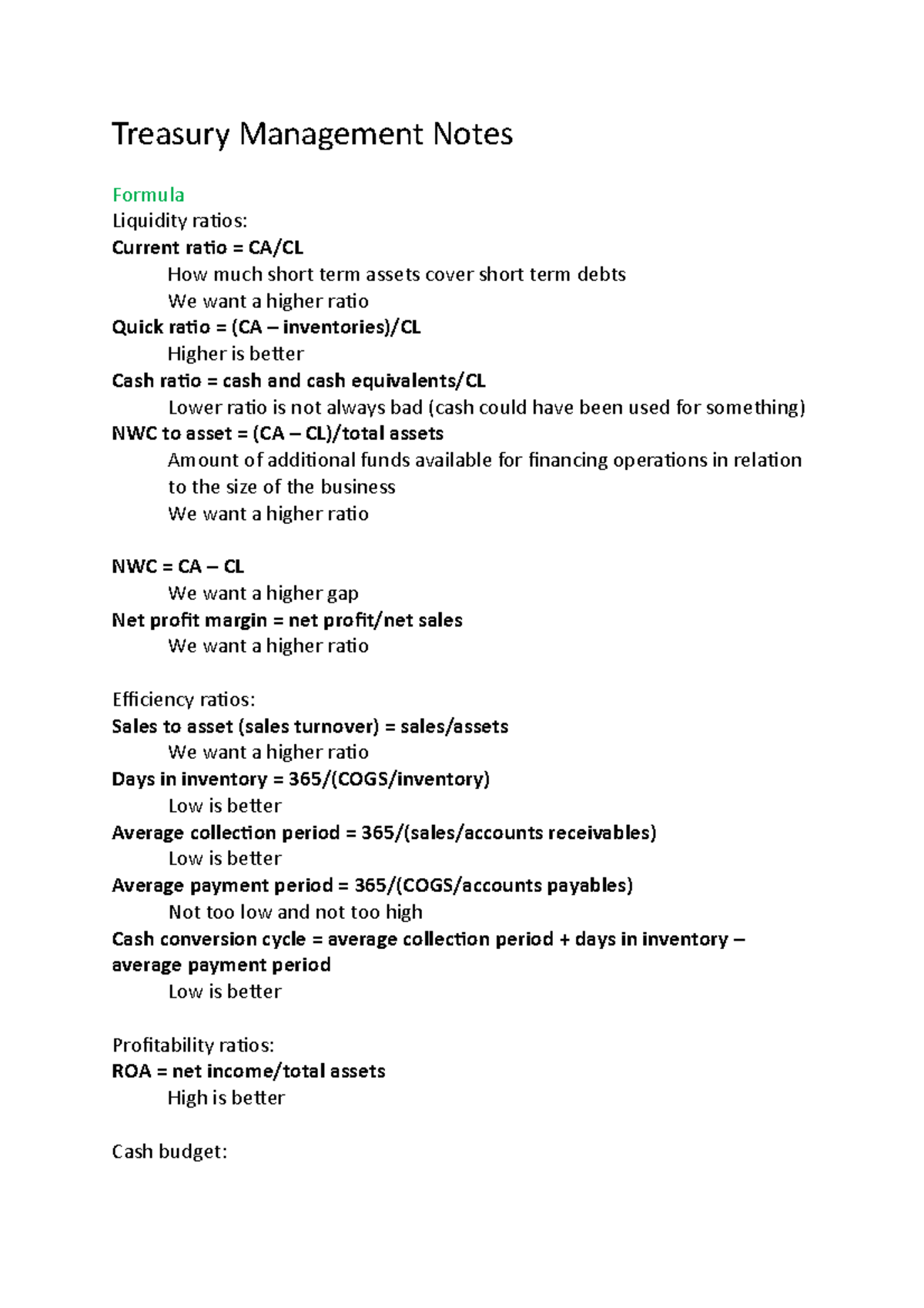 Treasury Mgt Notes - Treasury Management Notes Formula Liquidity ratios ...
