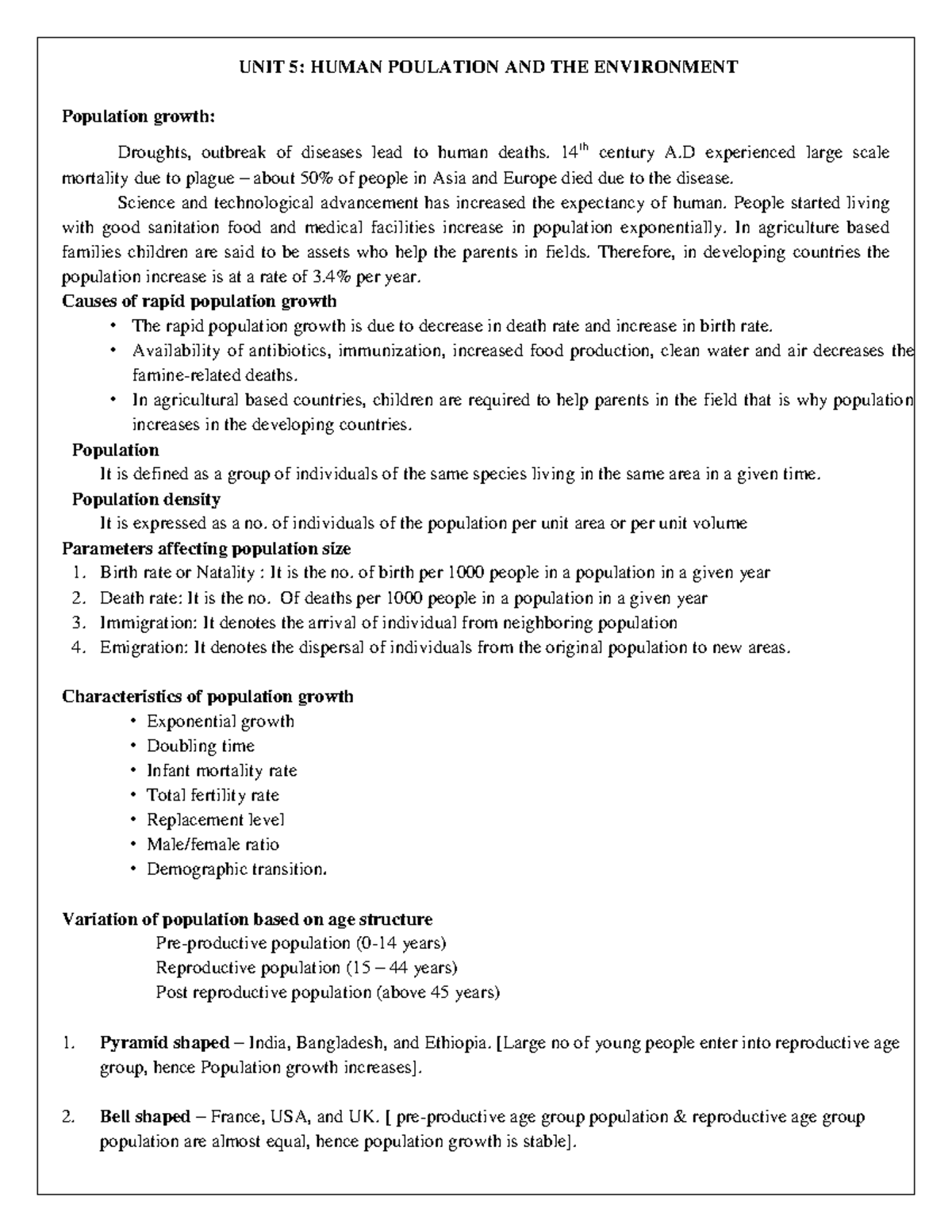 EVS-UNIT-5 - Human population - UNIT 5: HUMAN POULATION AND THE ...