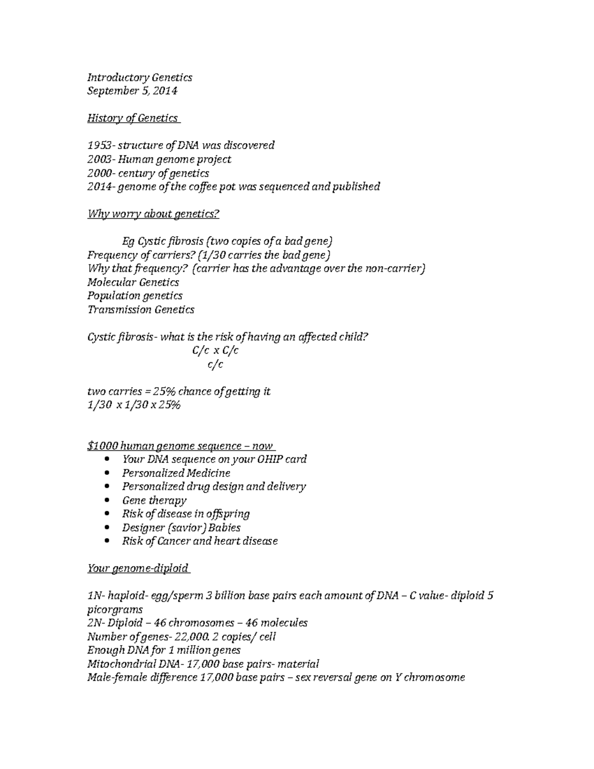 September 5 2014 Genetics Introductory Genetics September 5 2014 september-5-2014-genetics-introductory-genetics-september-5-2014