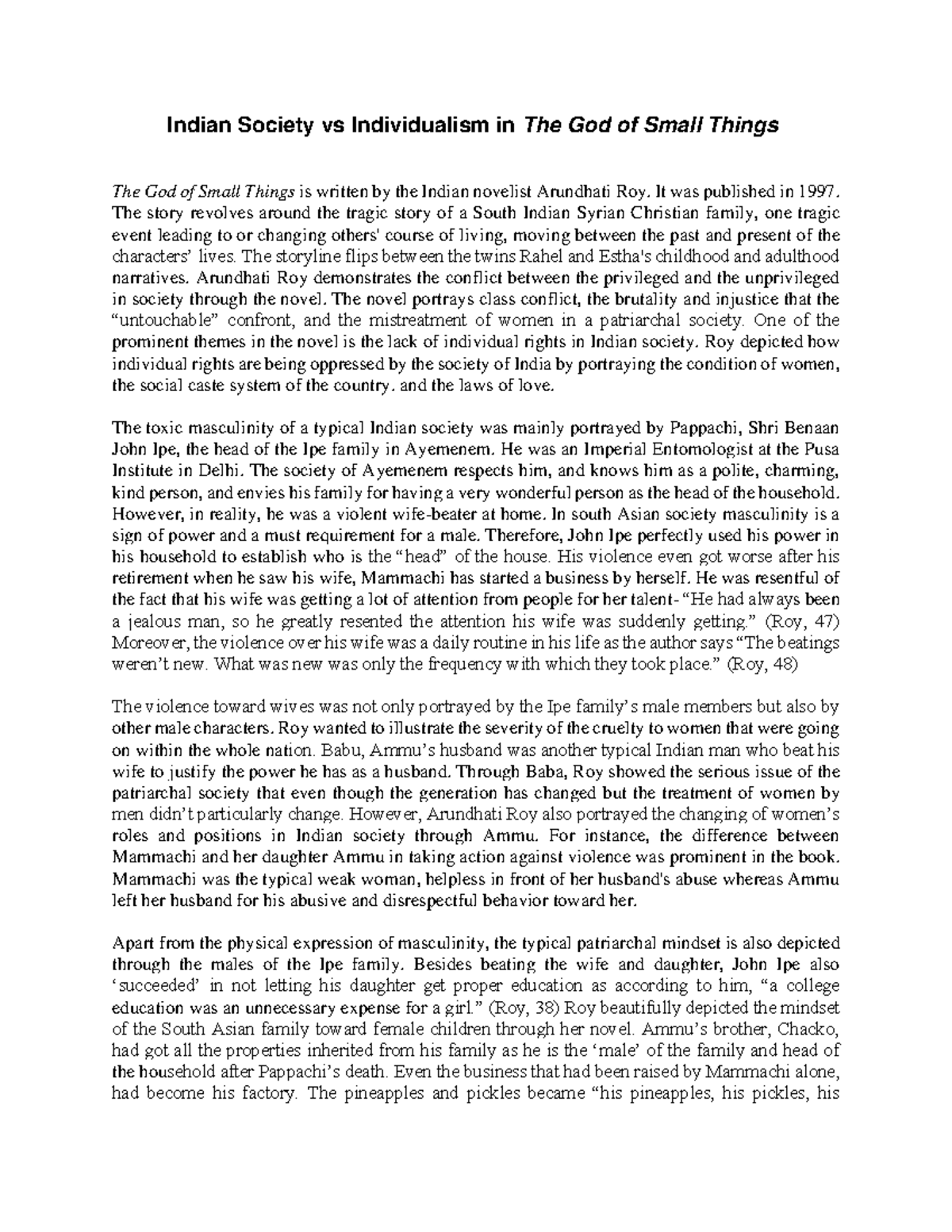 Indian Society vs Individualism in 'The God of Small Things' - It was ...
