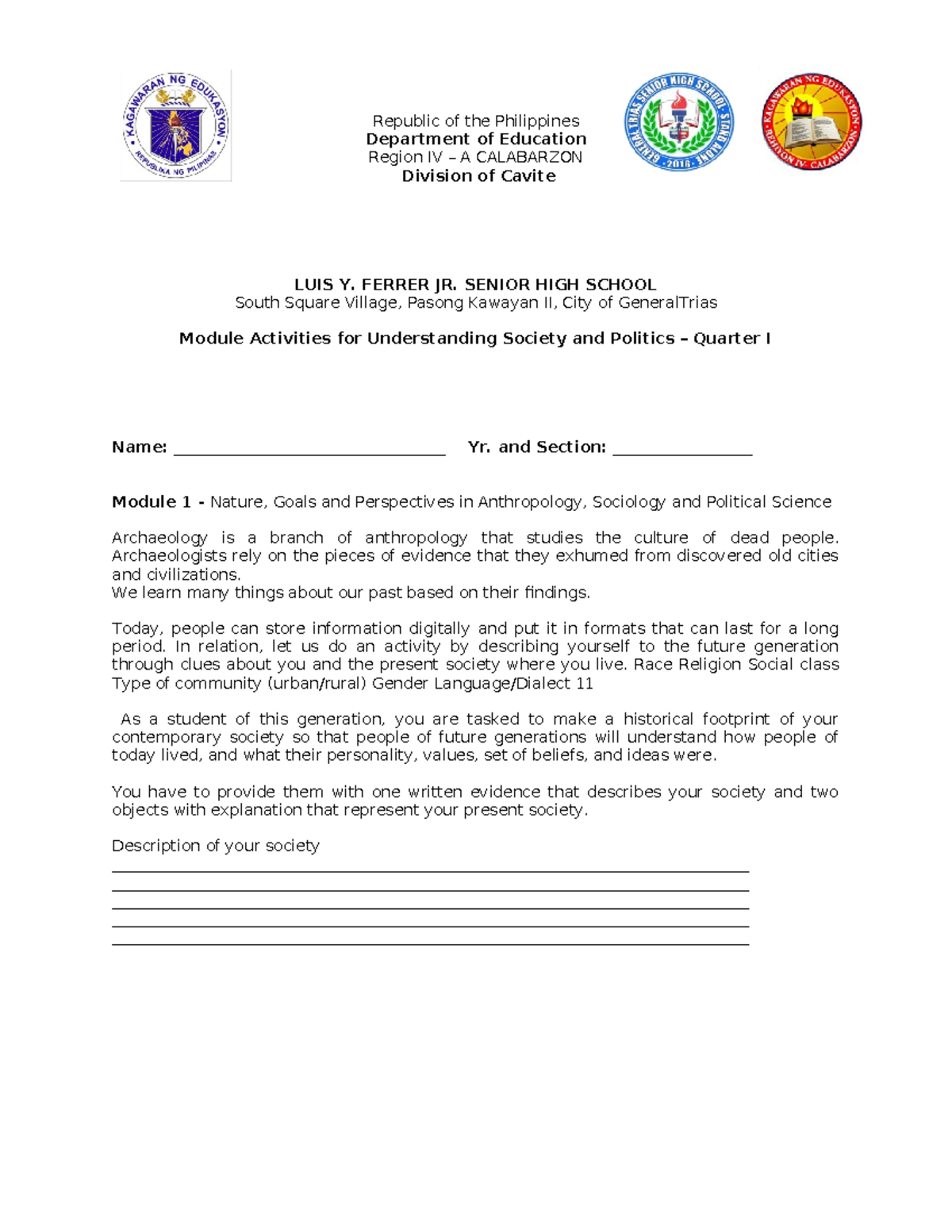 UCSP module 1 for Grade 12 - Republic of the Philippines Department of ...