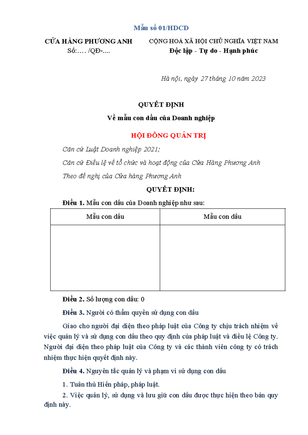 Mẫu dấu HD - maaux - Mẫu số 01/HDCD CỬA HÀNG PHƯƠNG ANH Số:.... /QĐ ...