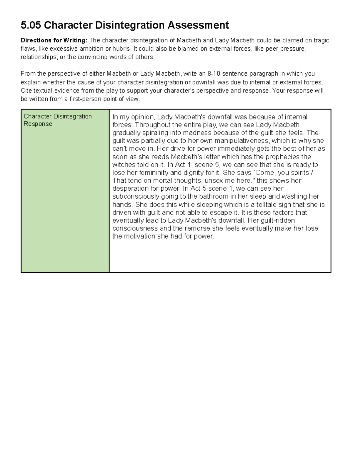 Copy of 5.05 Character Disintegration Assessment - 5 Character ...