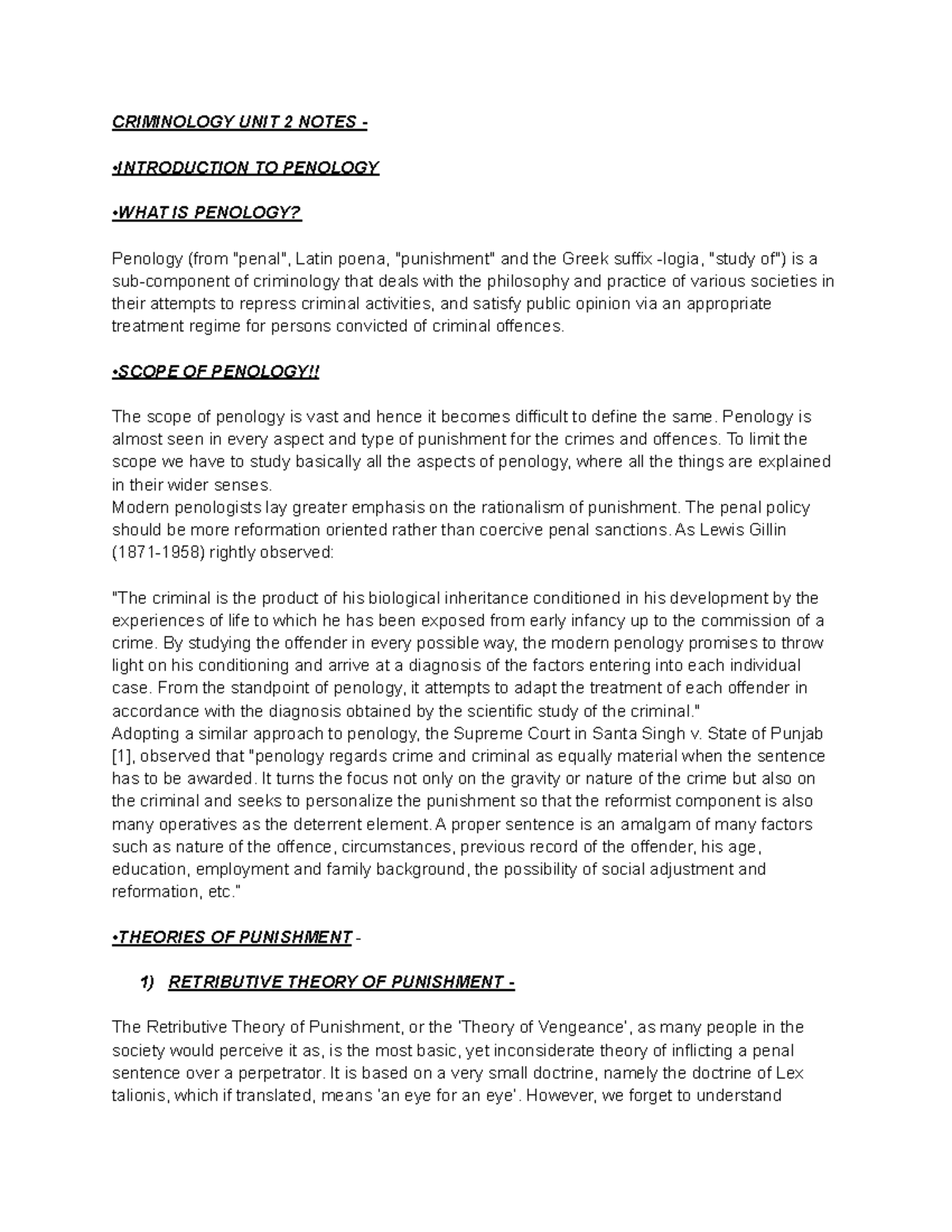 Criminology UNIT 2 Notes - CRIMINOLOGY UNIT 2 NOTES - •INTRODUCTION TO ...