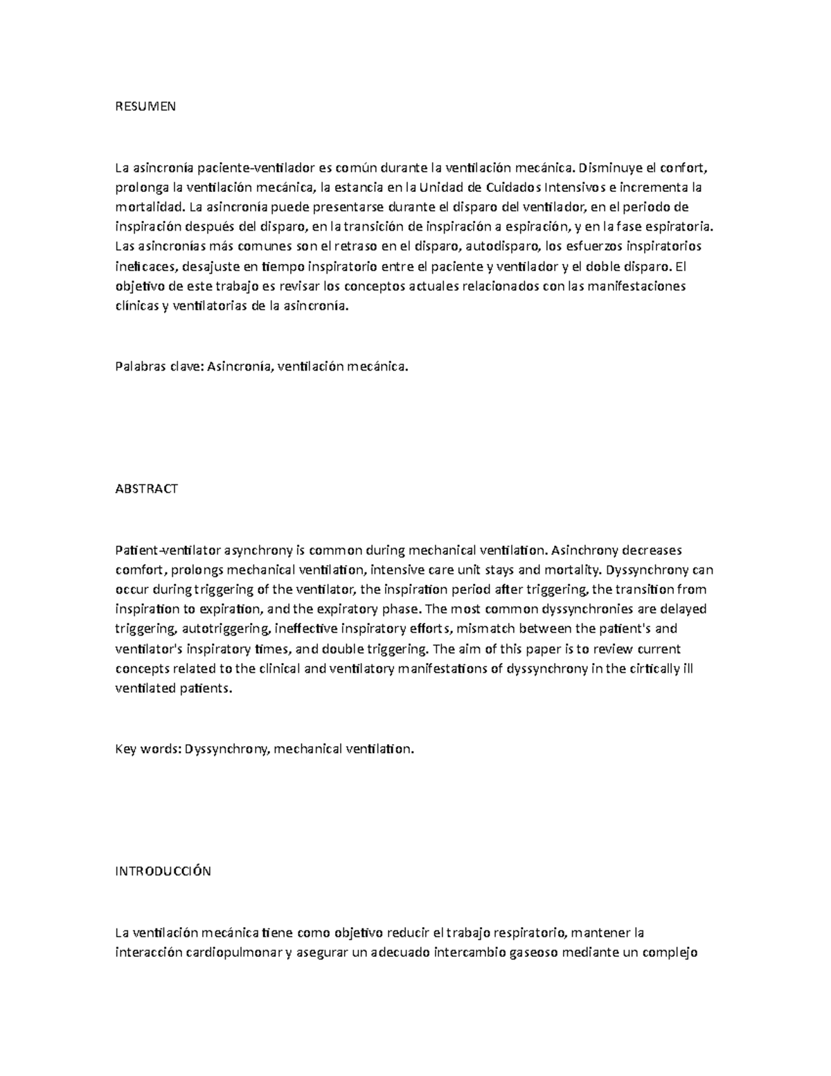 Asincronia de flujo - RESUMEN La asincronía paciente-ventilador es ...