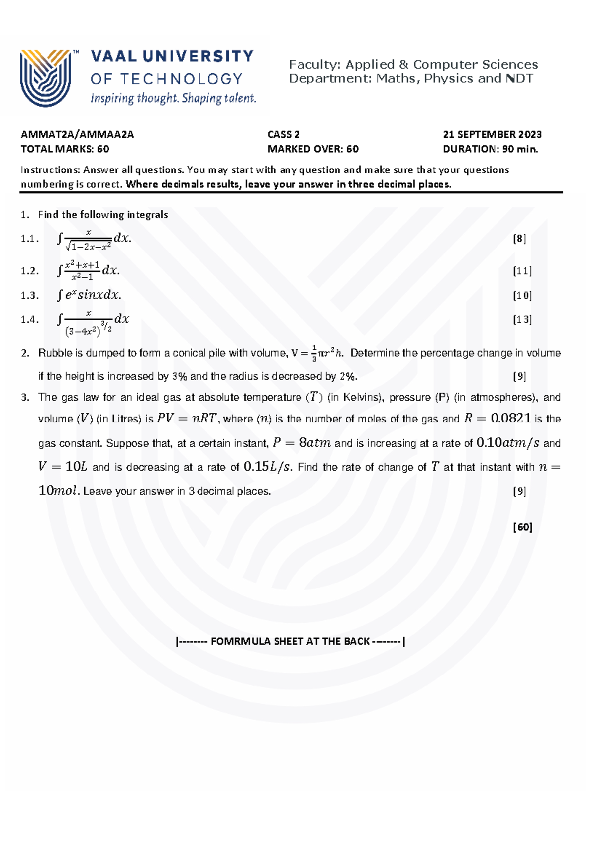 maths2 past questions paper 2. 21 - Faculty: Applied & Computer ...
