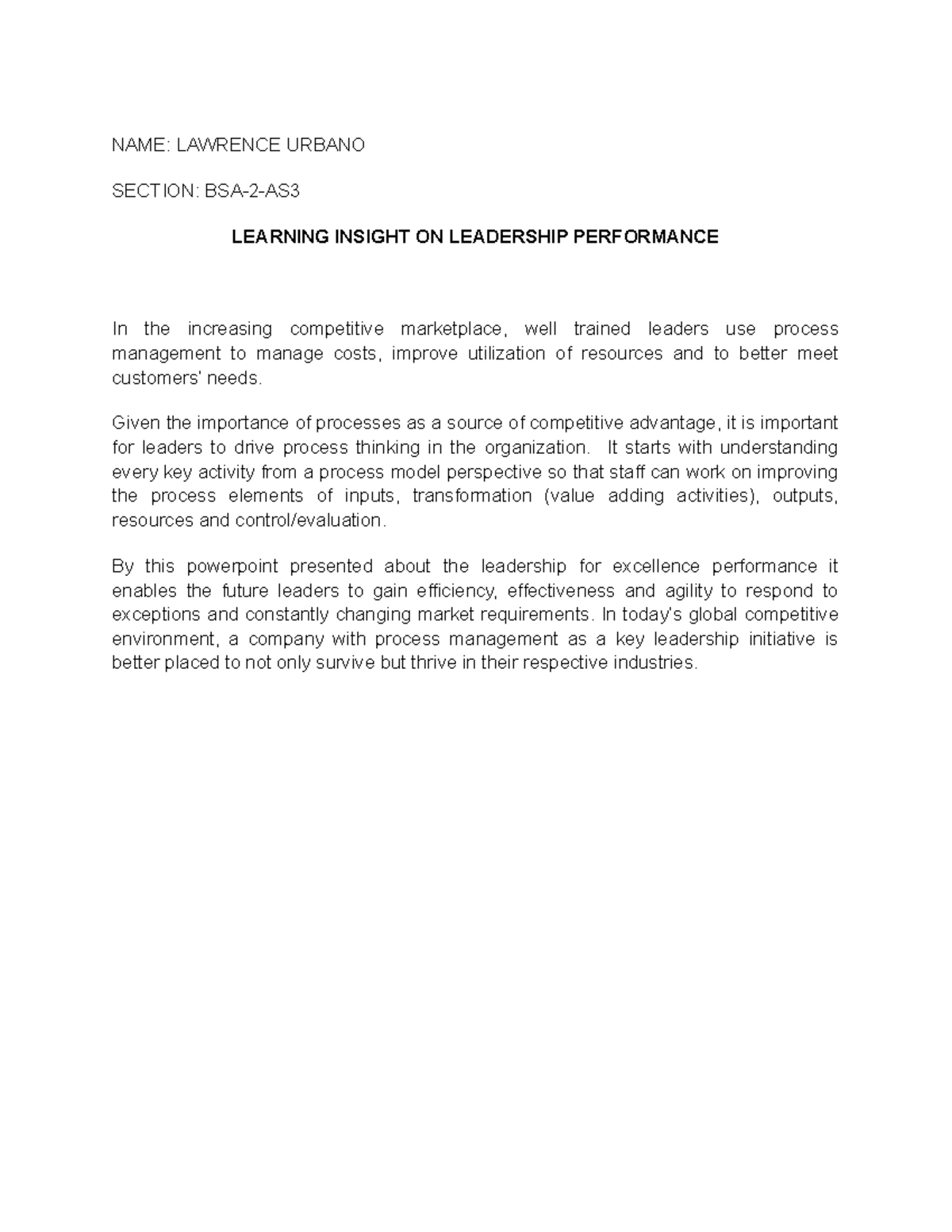 Learning Insight Performance - NAME: LAWRENCE URBANO SECTION: BSA-2-AS ...