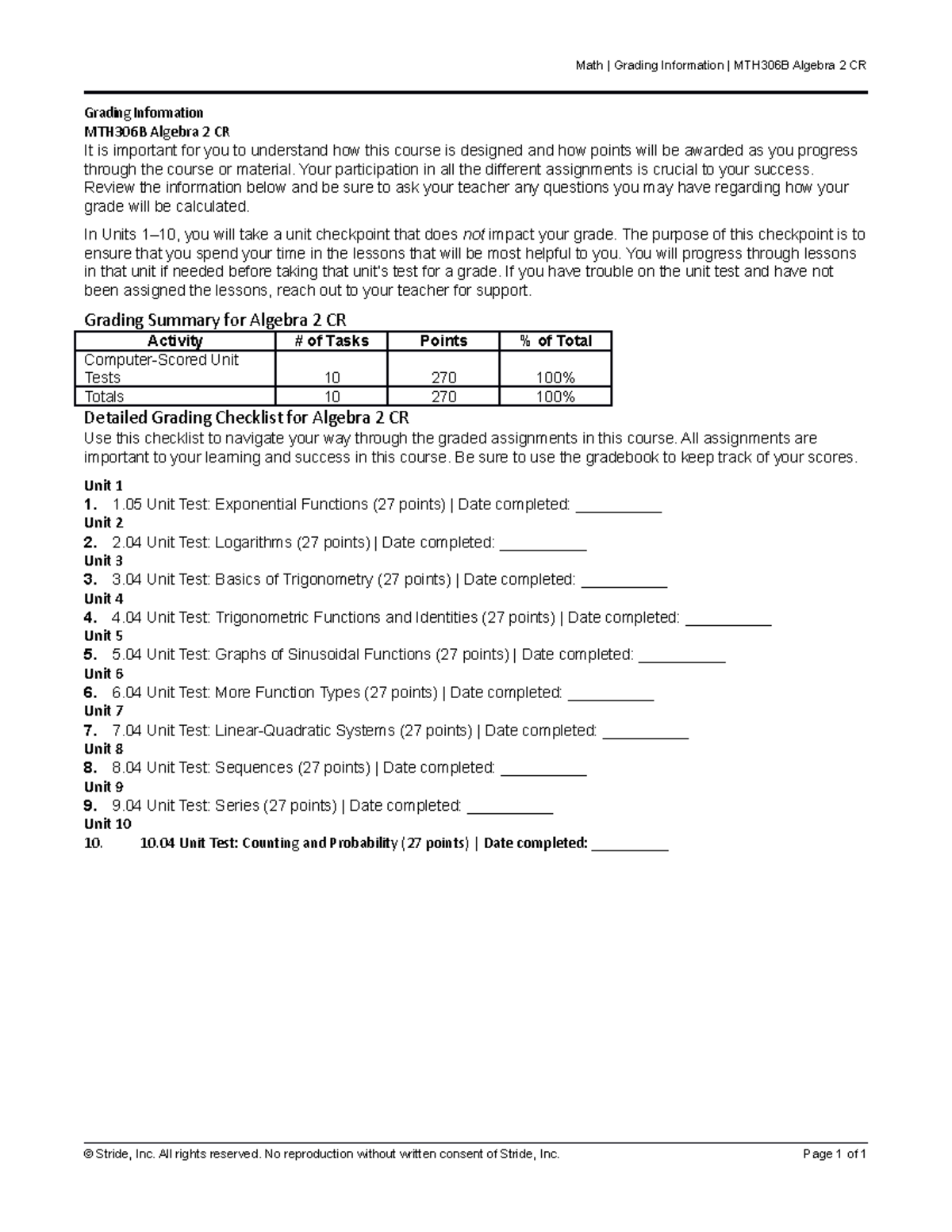 MTH306B Algebra 2 CR GI - Math | Grading Information | MTH306B Algebra ...