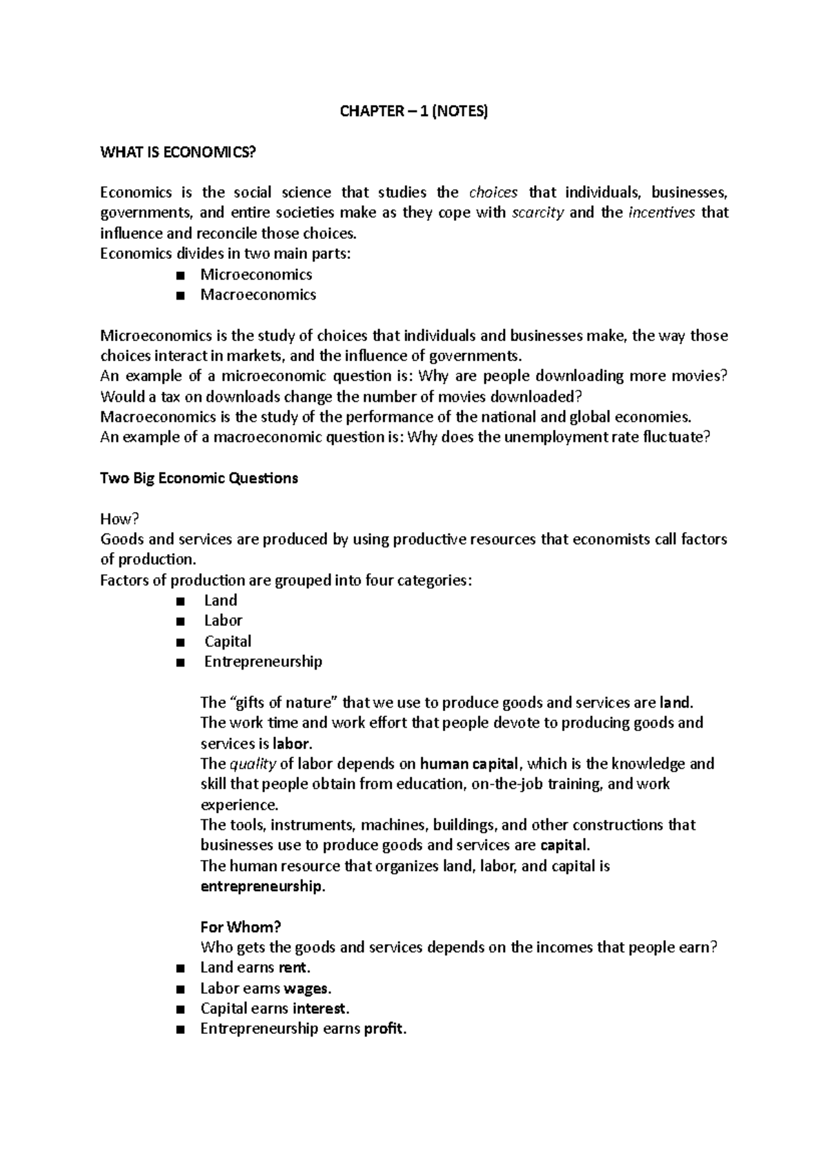 Chapter 1 Notes CHAPTER 1 NOTES WHAT IS ECONOMICS Economics