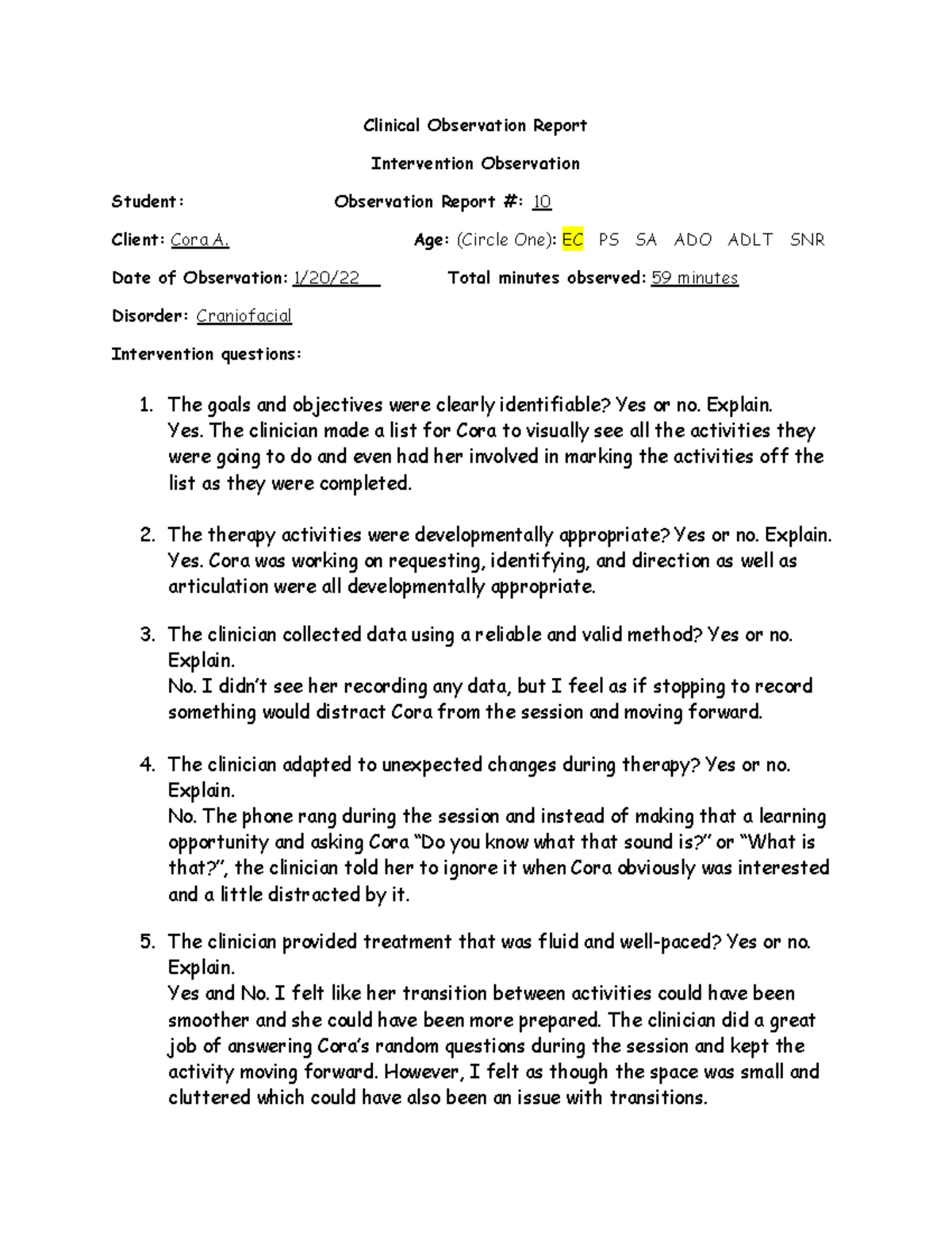 Clinical Observation Report #10 Cora A - Clinical Observation Report ...