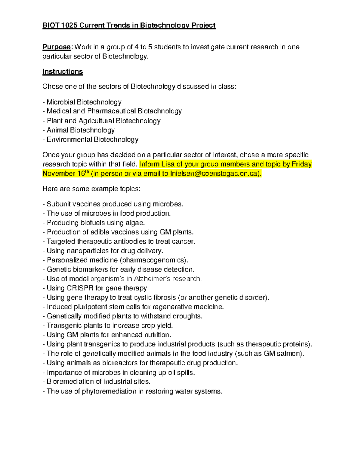 BIOT 1025 Project Outline - BIOT 1025 Current Trends in Biotechnology ...