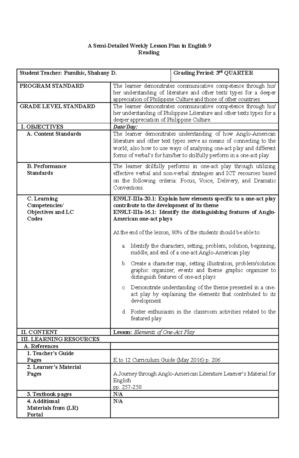 Semi-detailed lesson plan in reading - A Semi-Detailed Weekly Lesson ...