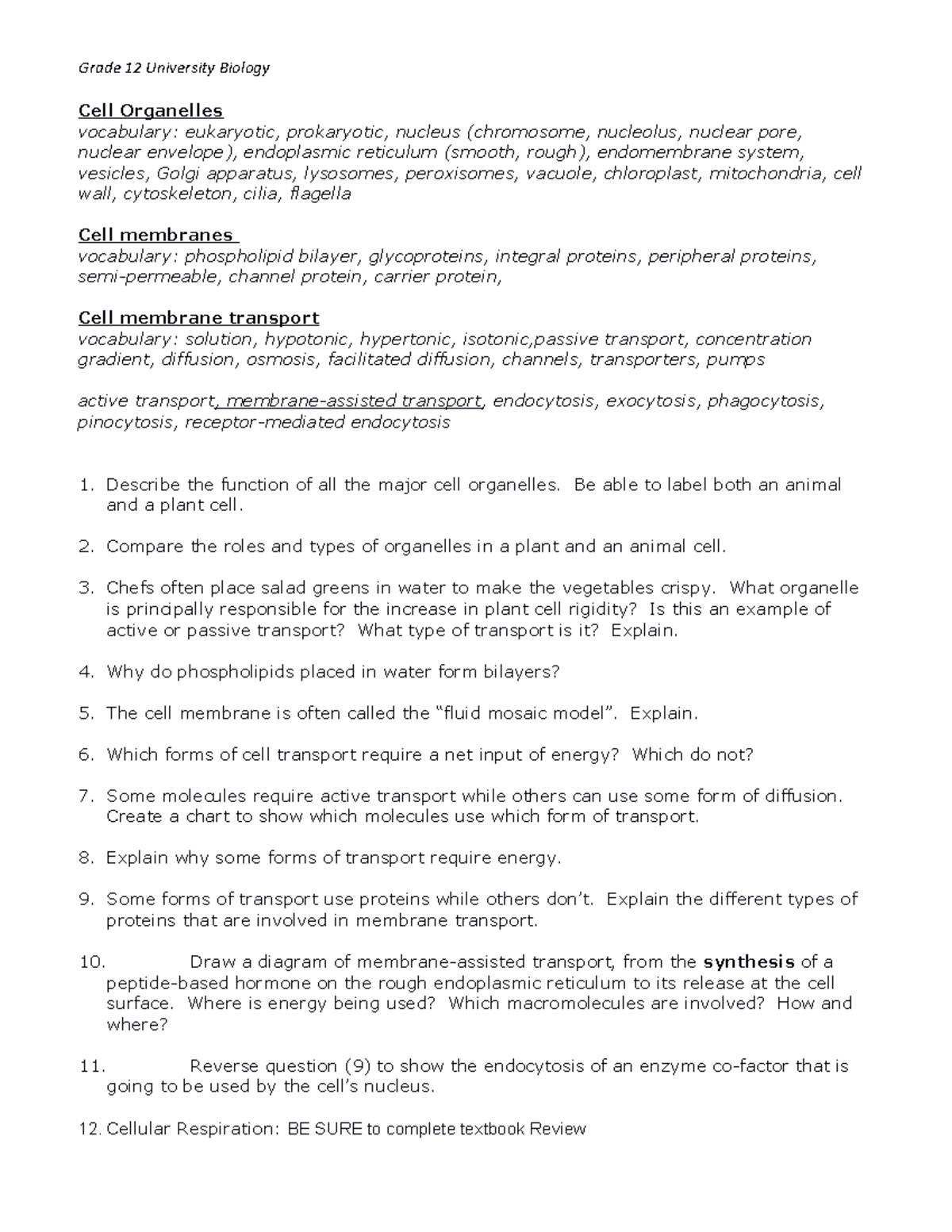 Cellular Respiration review - Cell Organelles vocabulary: eukaryotic ...