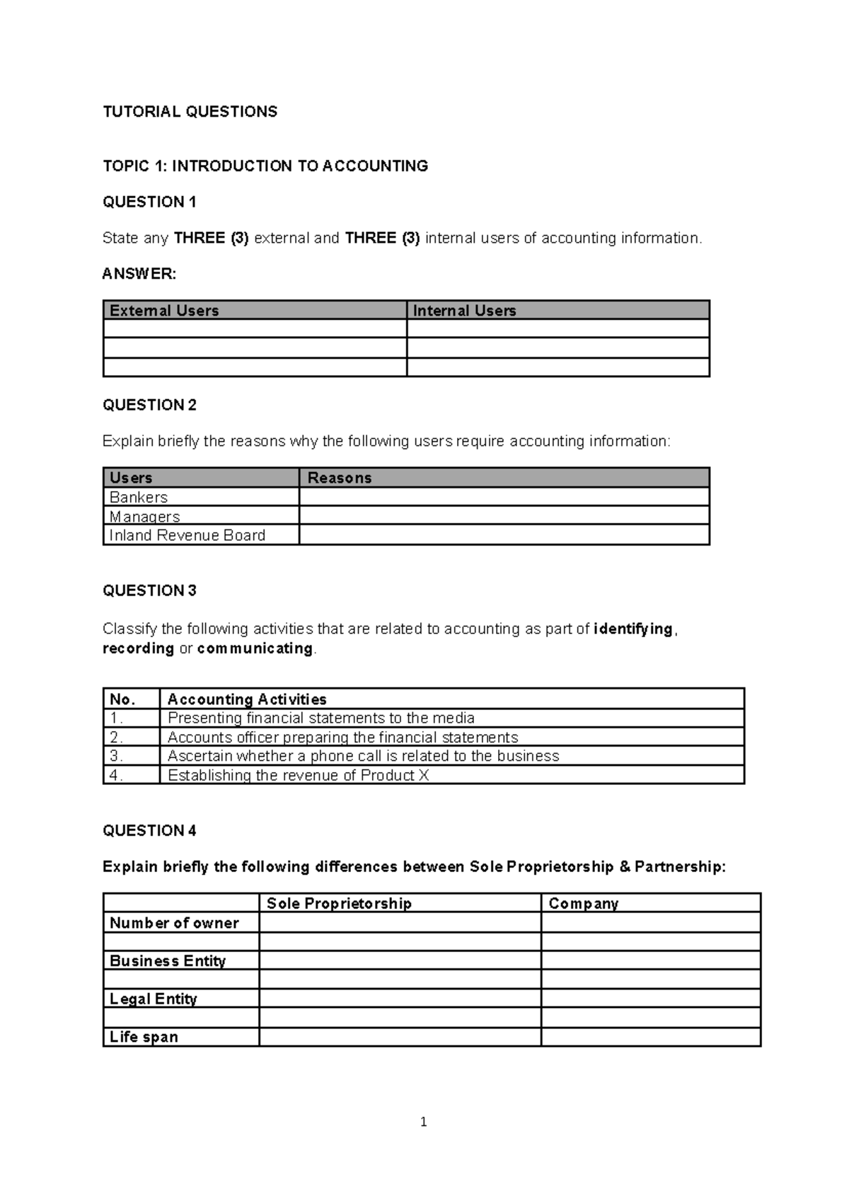 Tutorial Topic 1 - TUTORIAL QUESTIONS TOPIC 1: INTRODUCTION TO ACCOUNTING QUESTION 1 State any ...