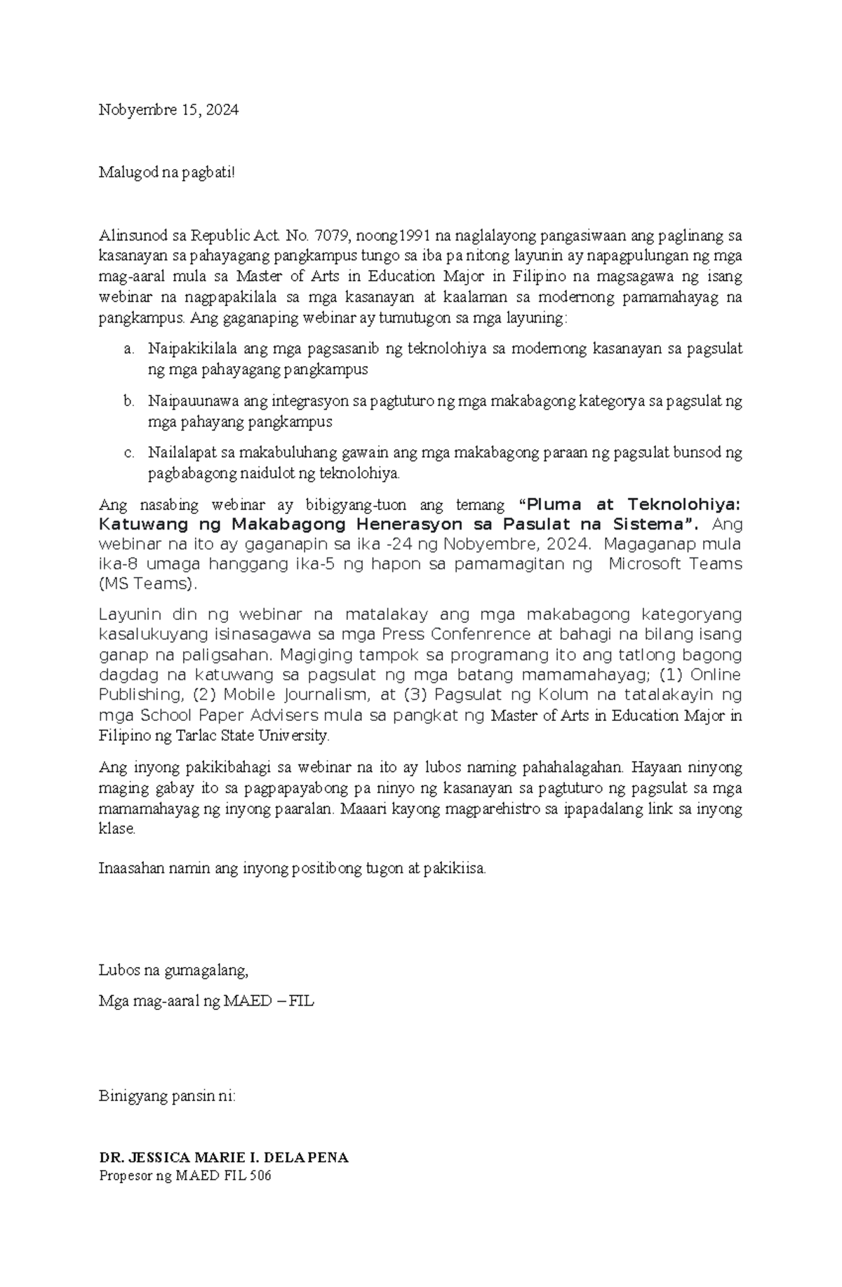 Liham- Webinar (Pagpapaapruba) - Nobyembre 15, 2024 Malugod na pagbati ...