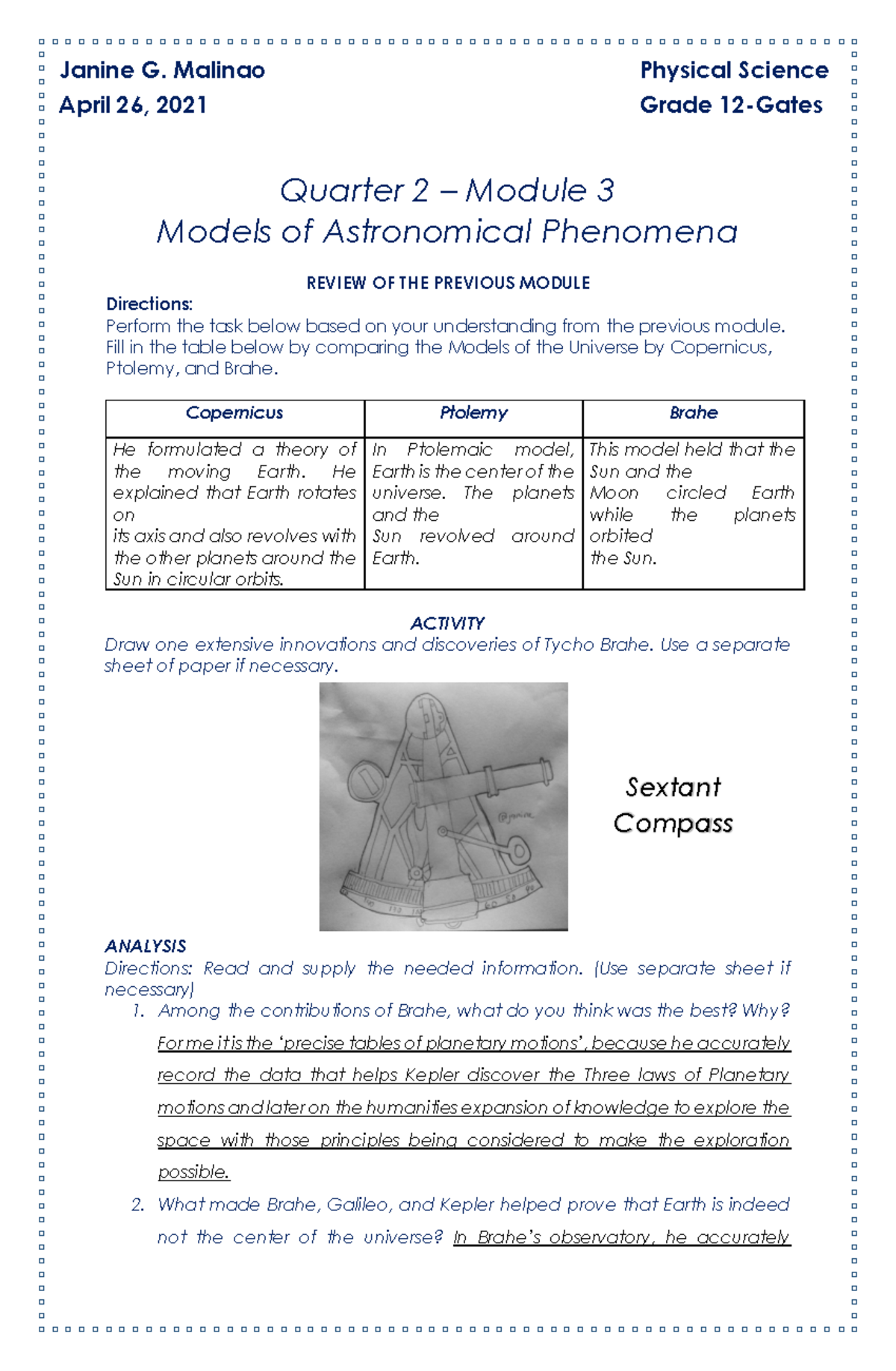 Physical Science Q2 M3 - Quarter 2 – Module 3 Models of Astronomical ...