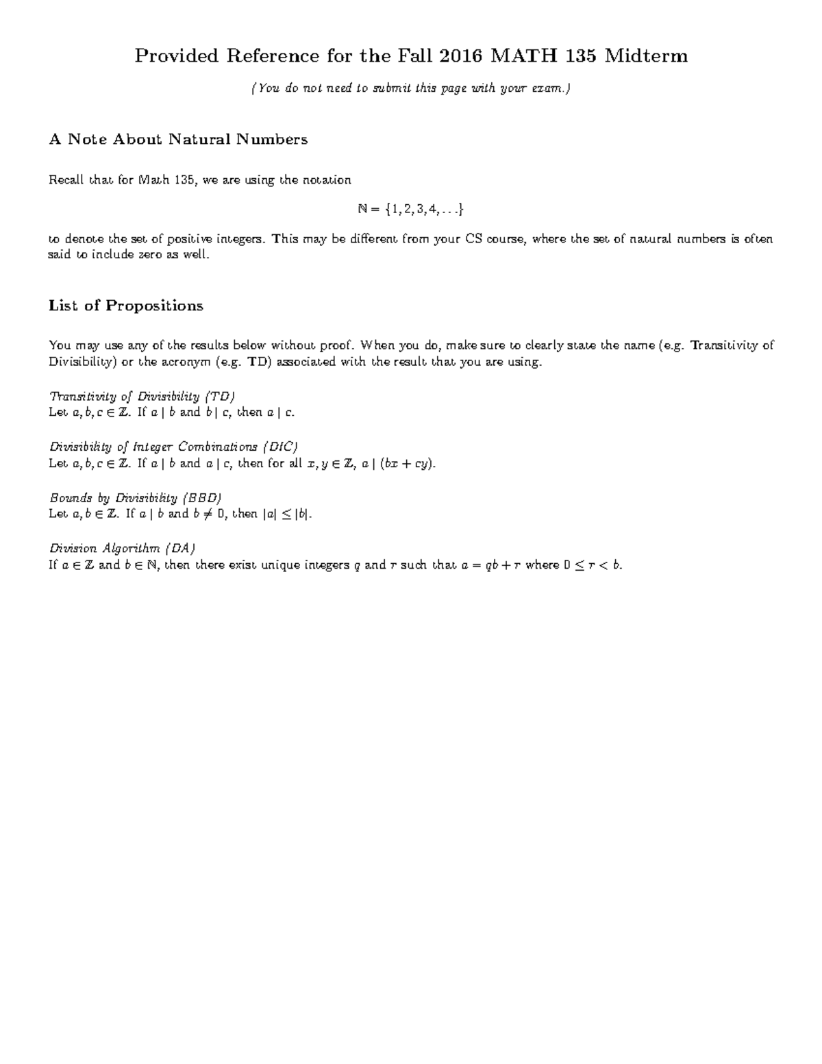 MIDTERM REFERENCE SHEET - Provided Reference for the Fall 2016 MATH 135 ...