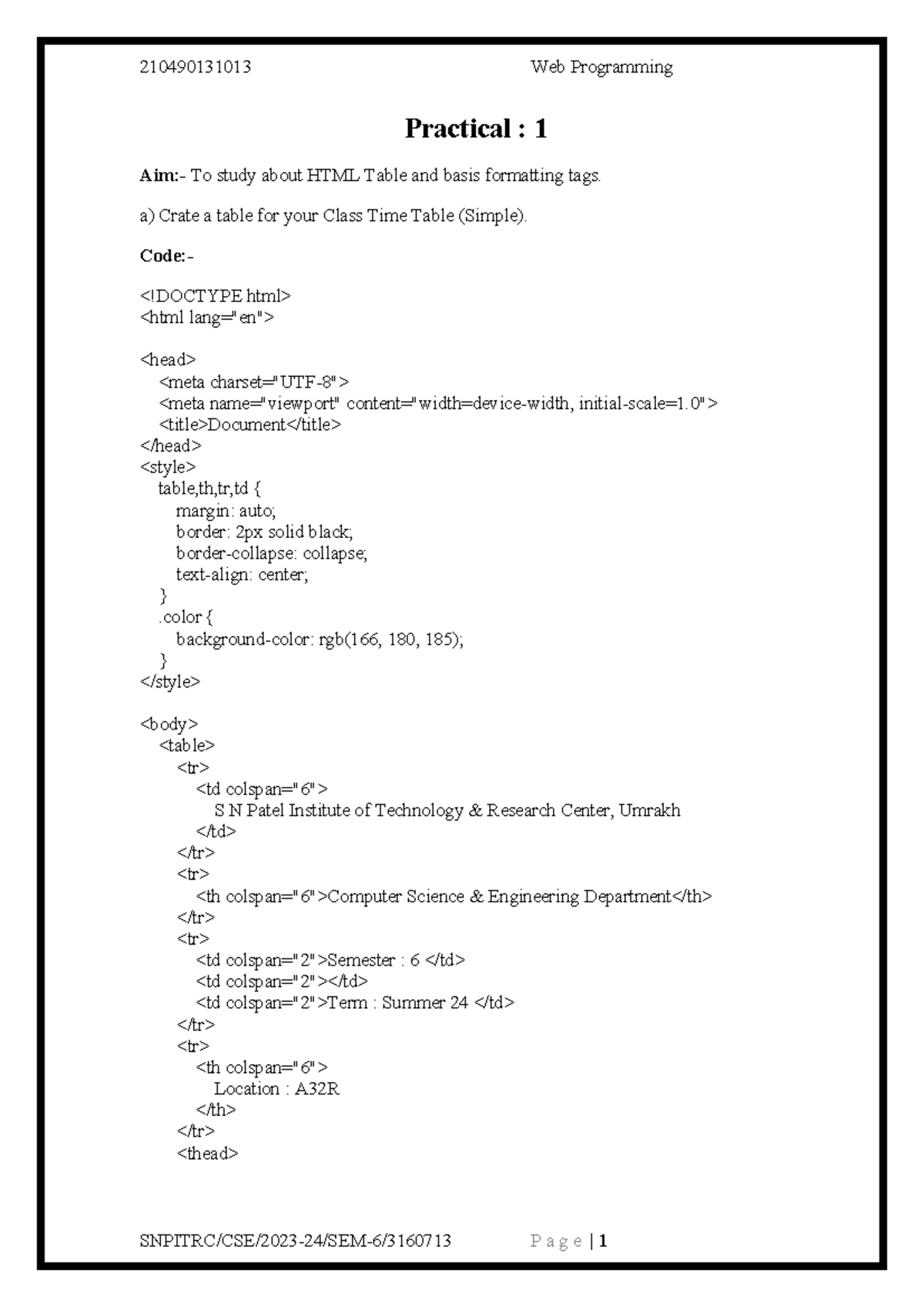 3160713 Web Programming - Practical : 1 Aim:- To study about HTML Table and basis formatting ...