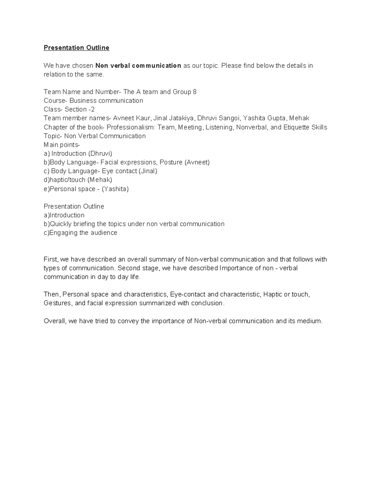 Presentation Outline - Please find below the details in relation to the ...