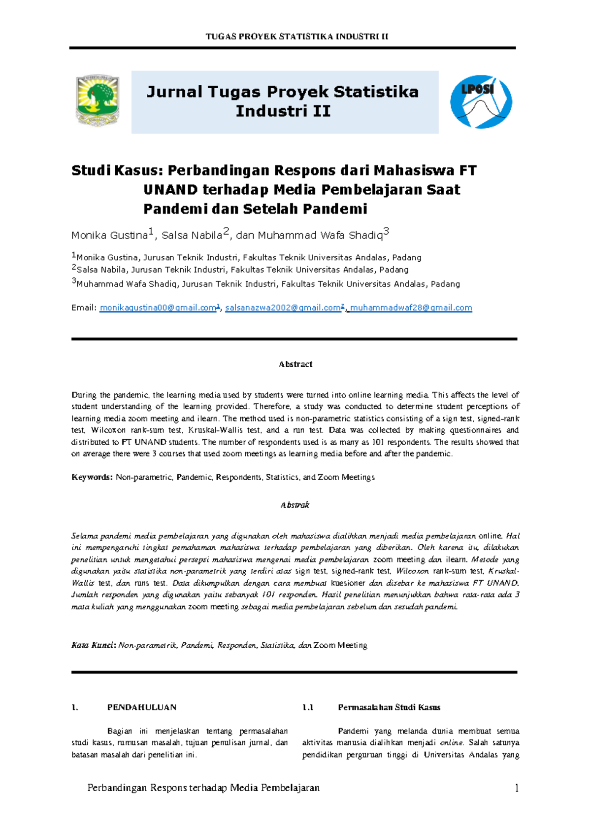 Jurnal 49D Tugas Proyek 3Statind II - Salsa Nabila - 1 TUGAS PROYEK STATISTIKA INDUSTRI II - Studocu