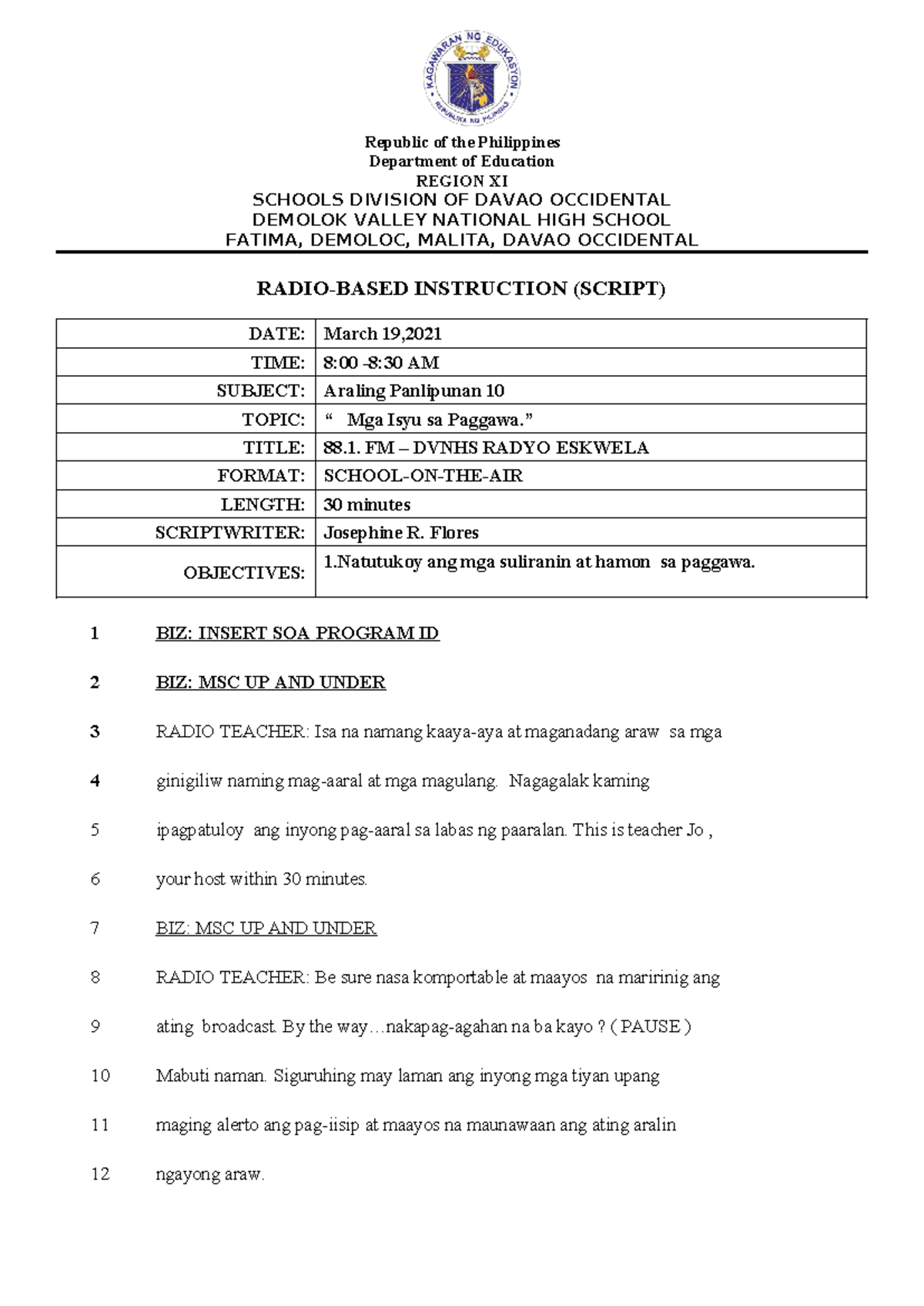 RBI- Script- Template SOA Nanay - Republic of the Philippines ...