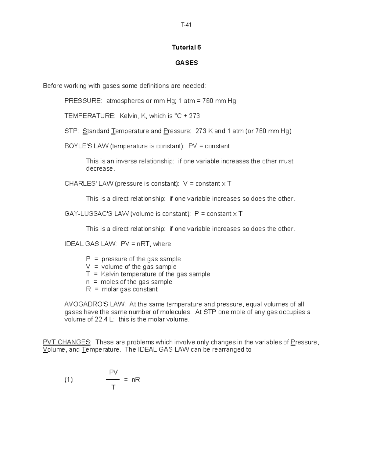 Chem and Thermo - Tutorial 6 GASES Before working with gases some ...