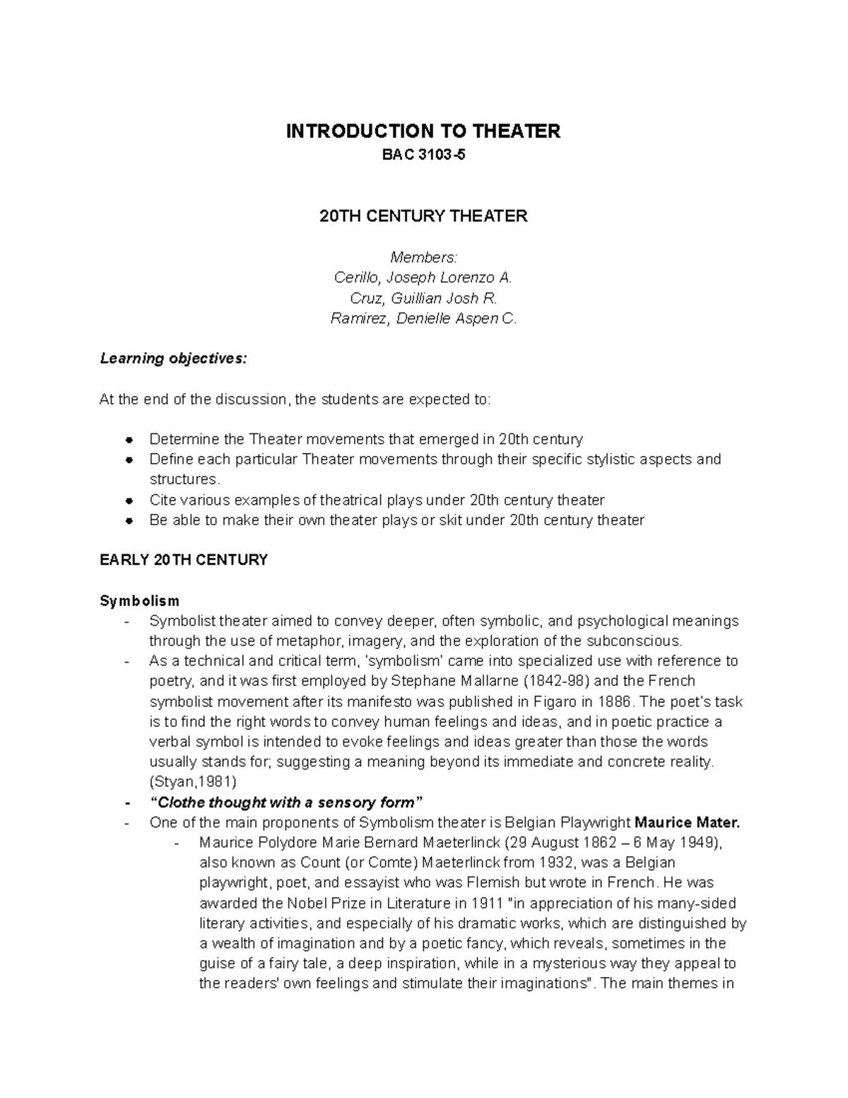 20TH Century Handout - INTRODUCTION TO THEATER BAC 3103- 20TH CENTURY ...