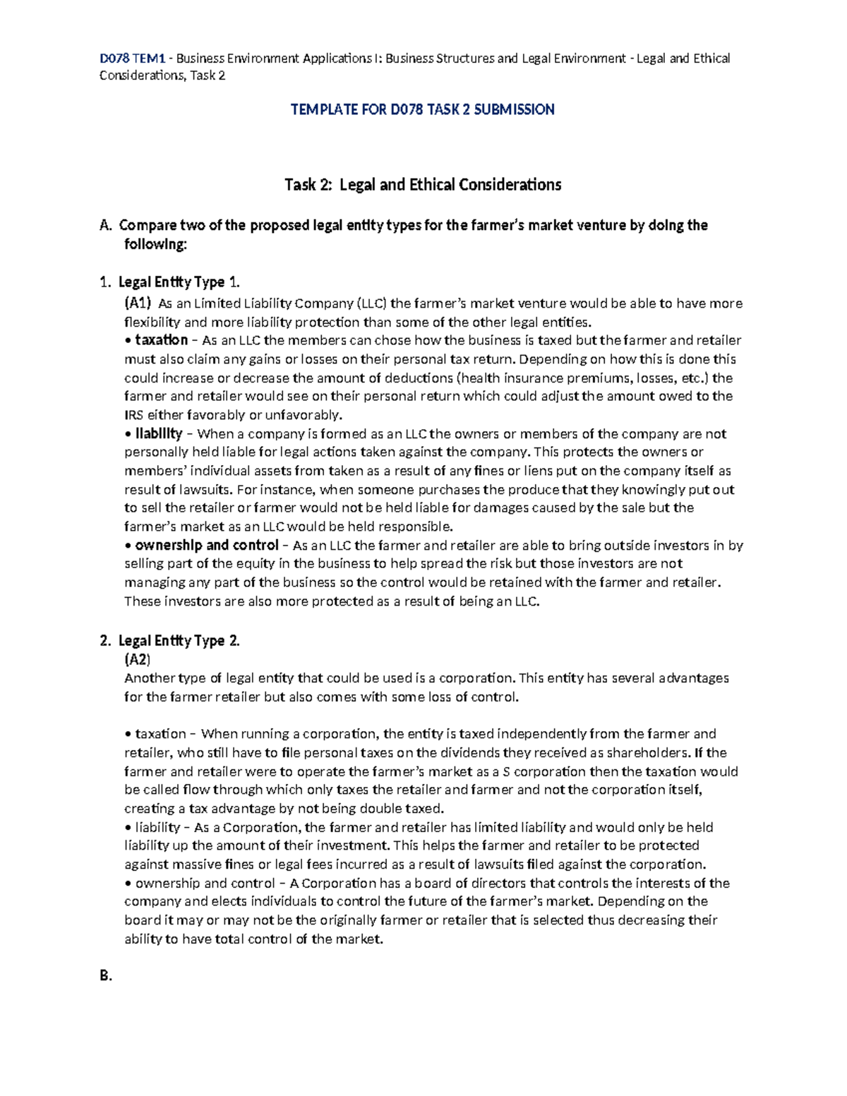 D078 Task 2 Template - D078 TEM1 - Business Environment Applications I ...