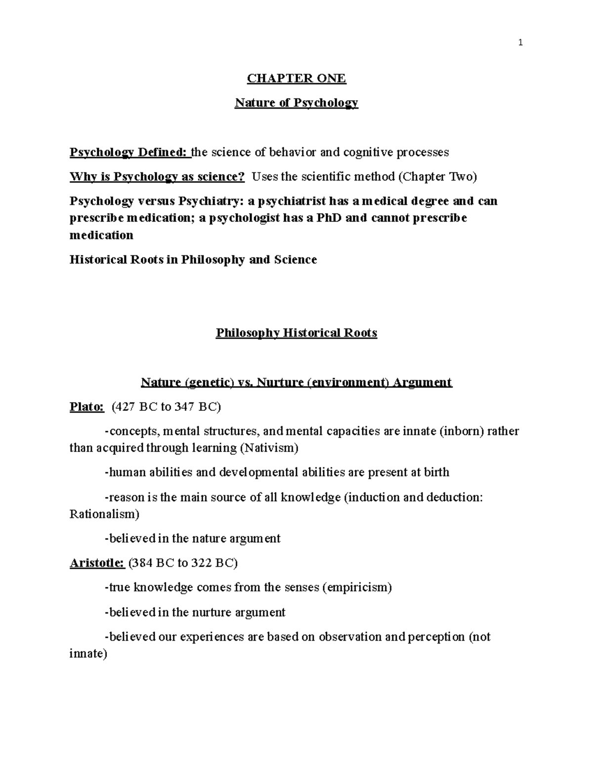 Chapter one notes - it gives you tells you the history of psychology ...